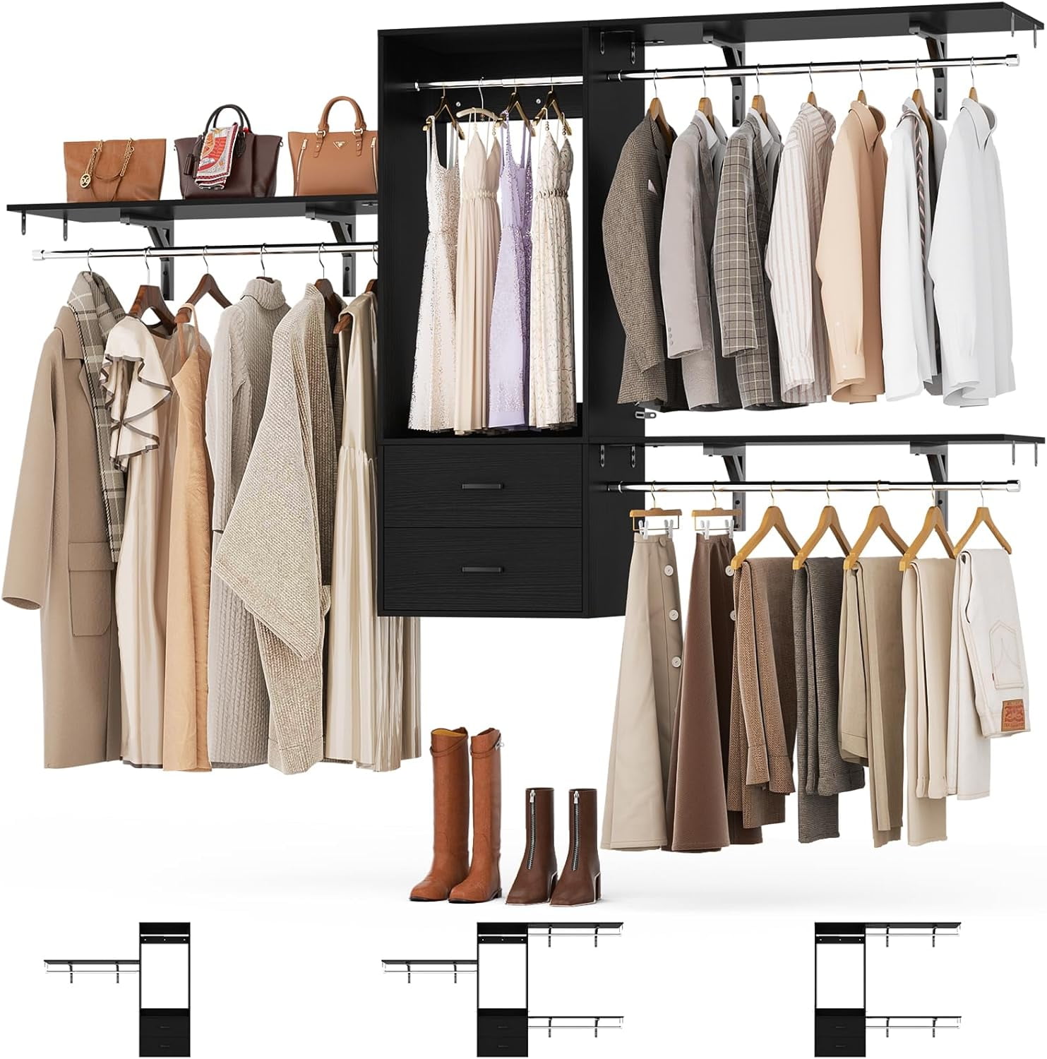 Closet System, 4-8ft Wood Closet Organizer System with 2 Wooden Drawers ...