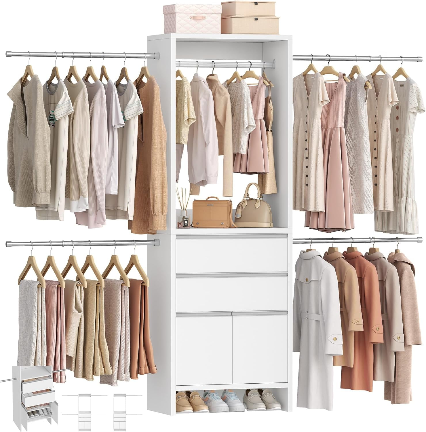 Closet System with 4 Hang Rods, Walk-in Closet Organizer System Wooden ...