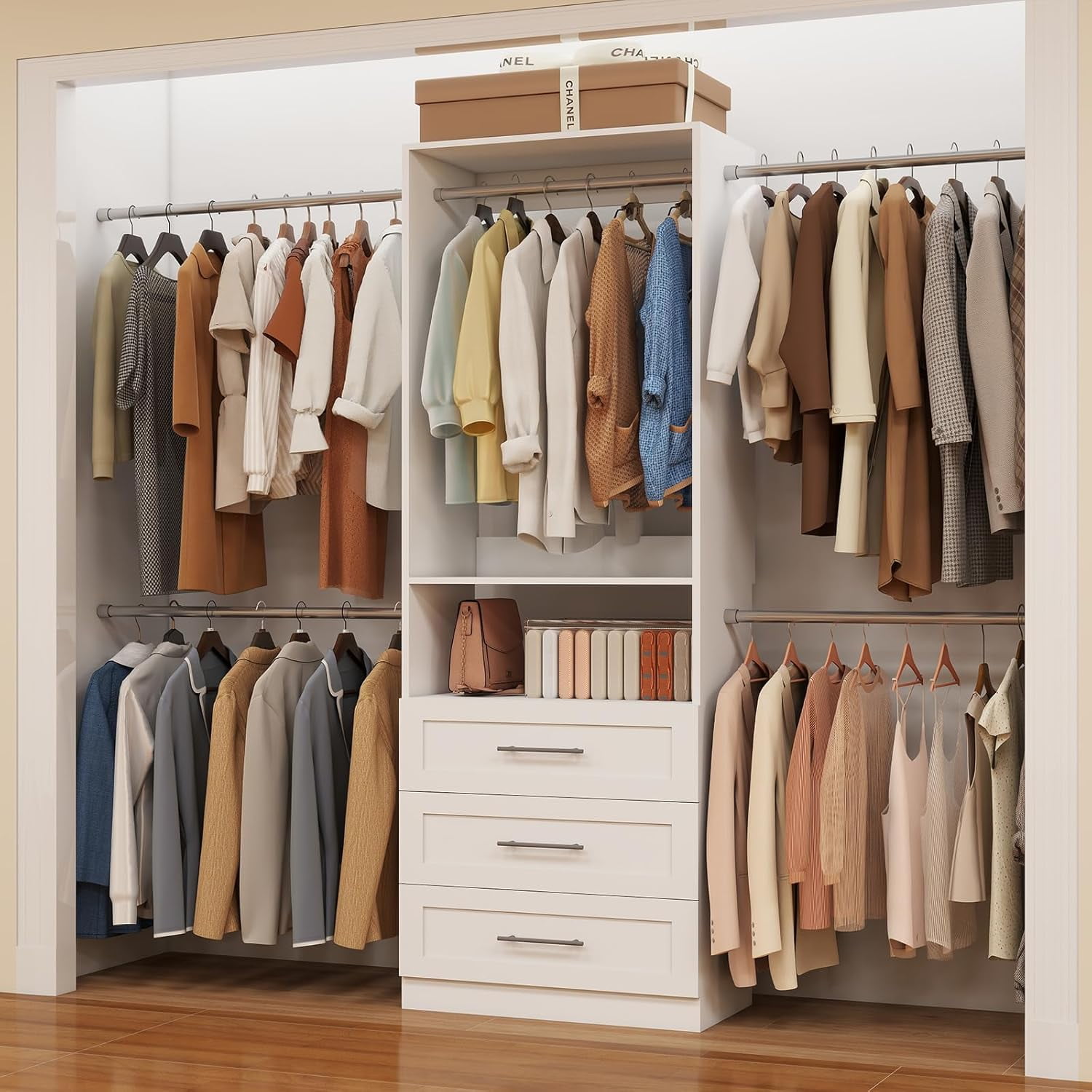 Closet System, 4FT-8FT Closet Organizer System with 3 Wooden Drawers ...