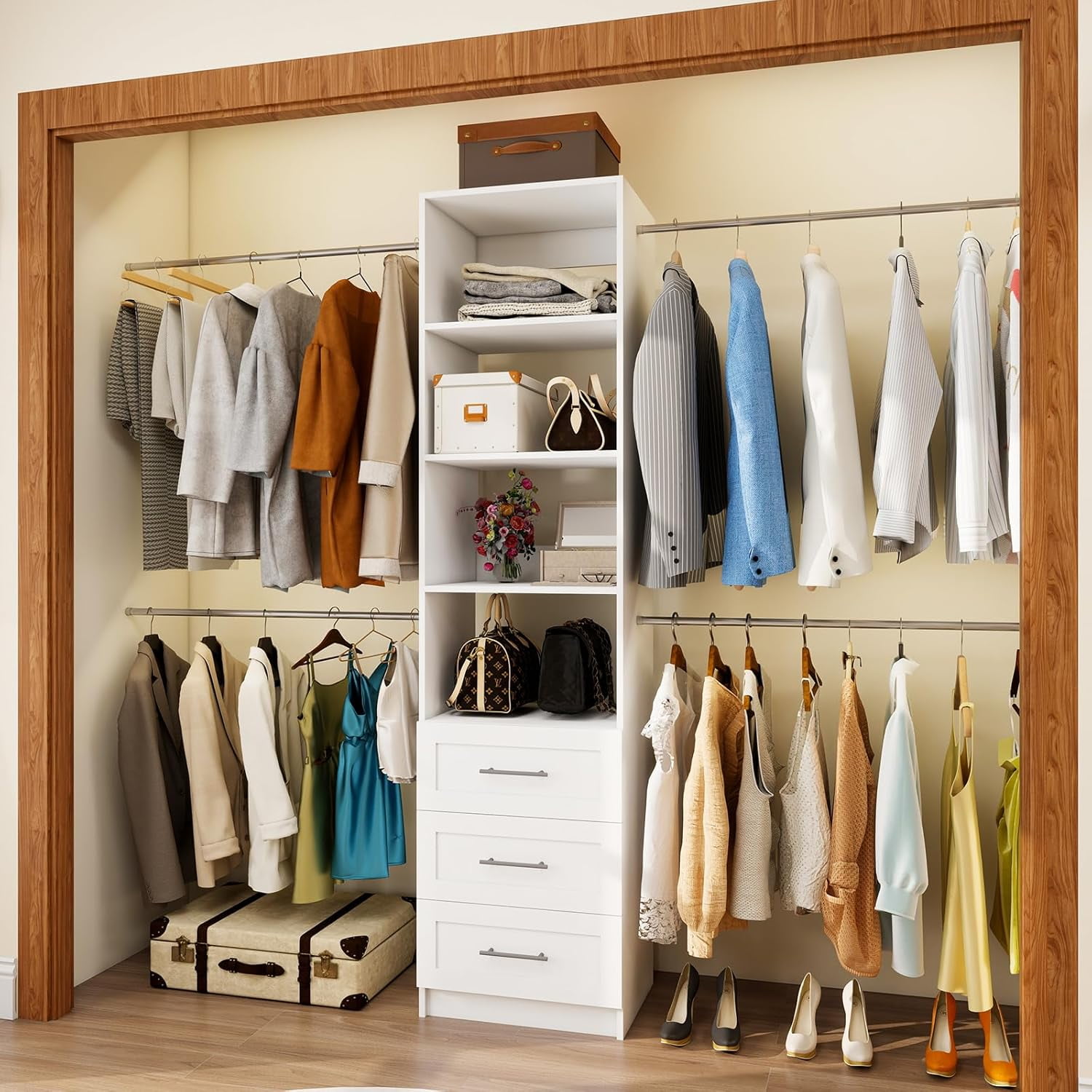 Closet System 5FT-8FT Closet Organizer System with 3 Wooden Drawers 99 ...