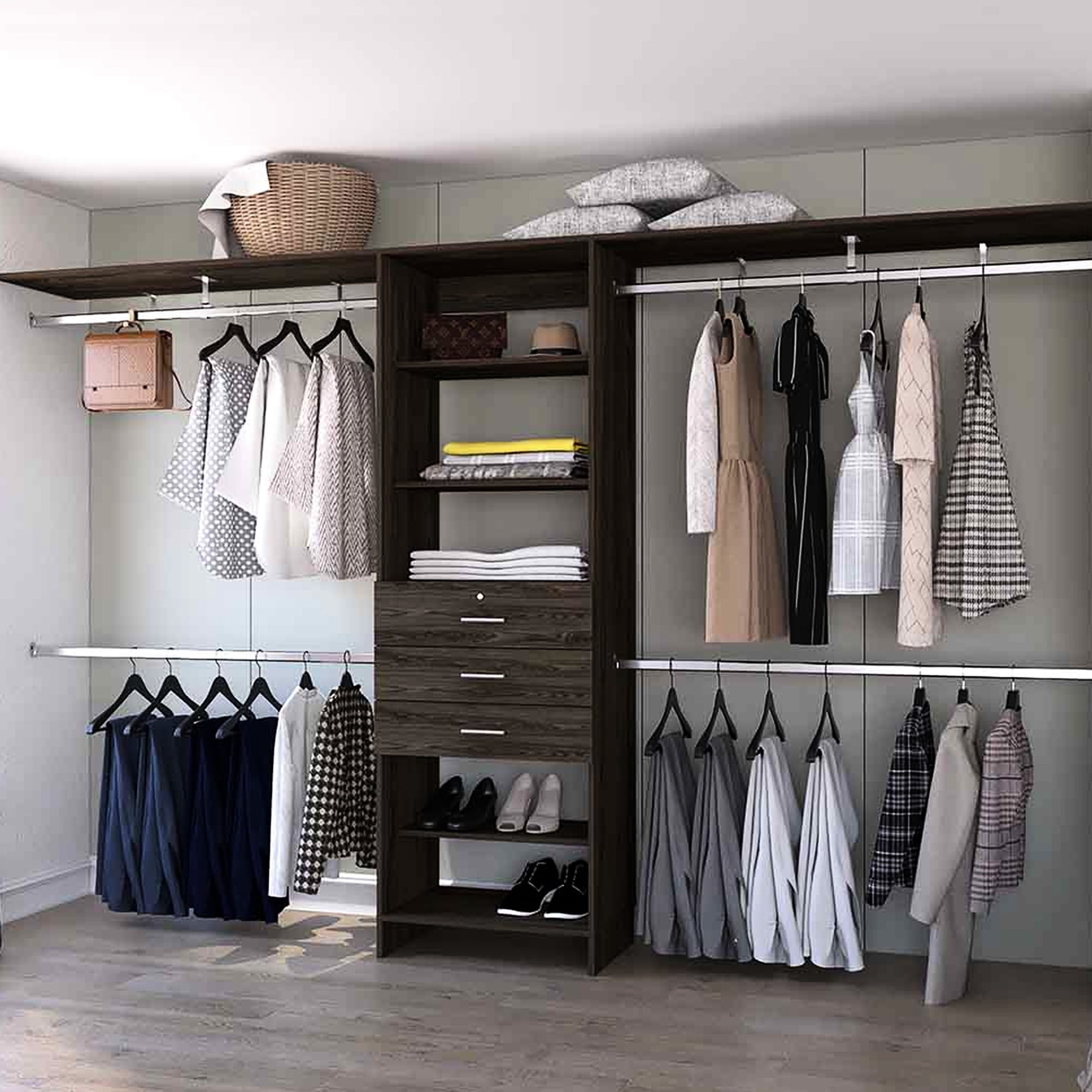 Closet System Dark Walnut - 3 Drawers And Top Shelves For Convenient ...