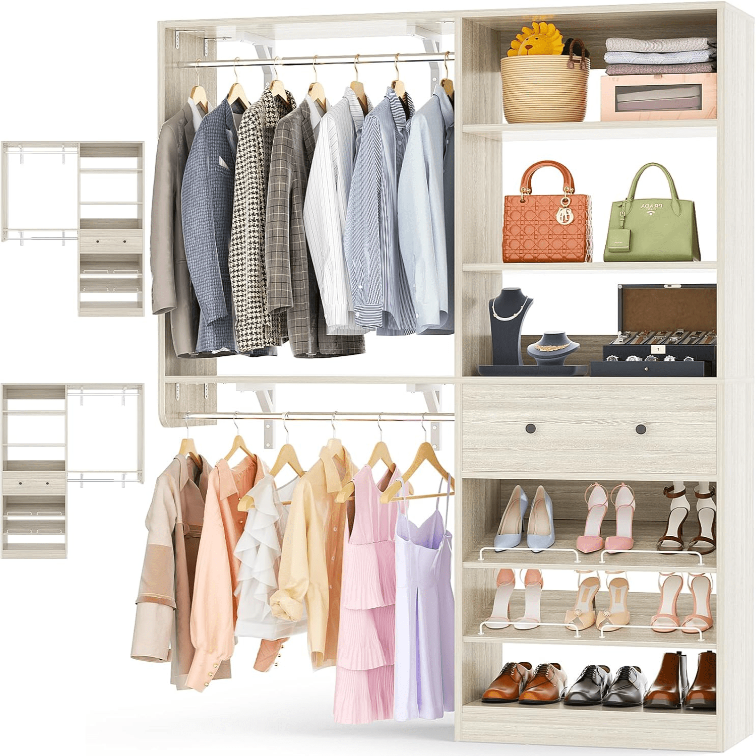 Closet System with Drawer - Reversible 5FT Wood Closet Organizer System ...
