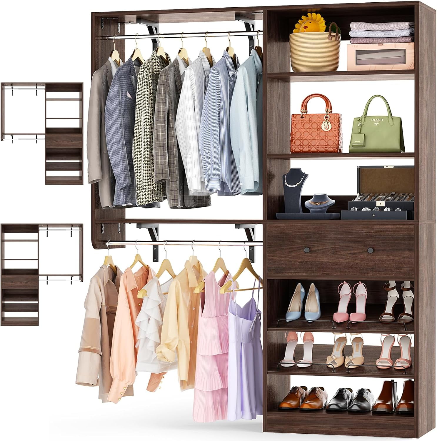 Closet System with Drawer - Reversible 5FT Wood Closet Organizer System ...