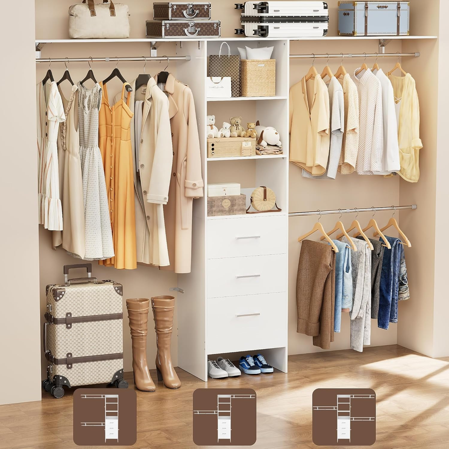 Closet System with Drawers, 8FT Walk in Closets Organizer with 3 ...