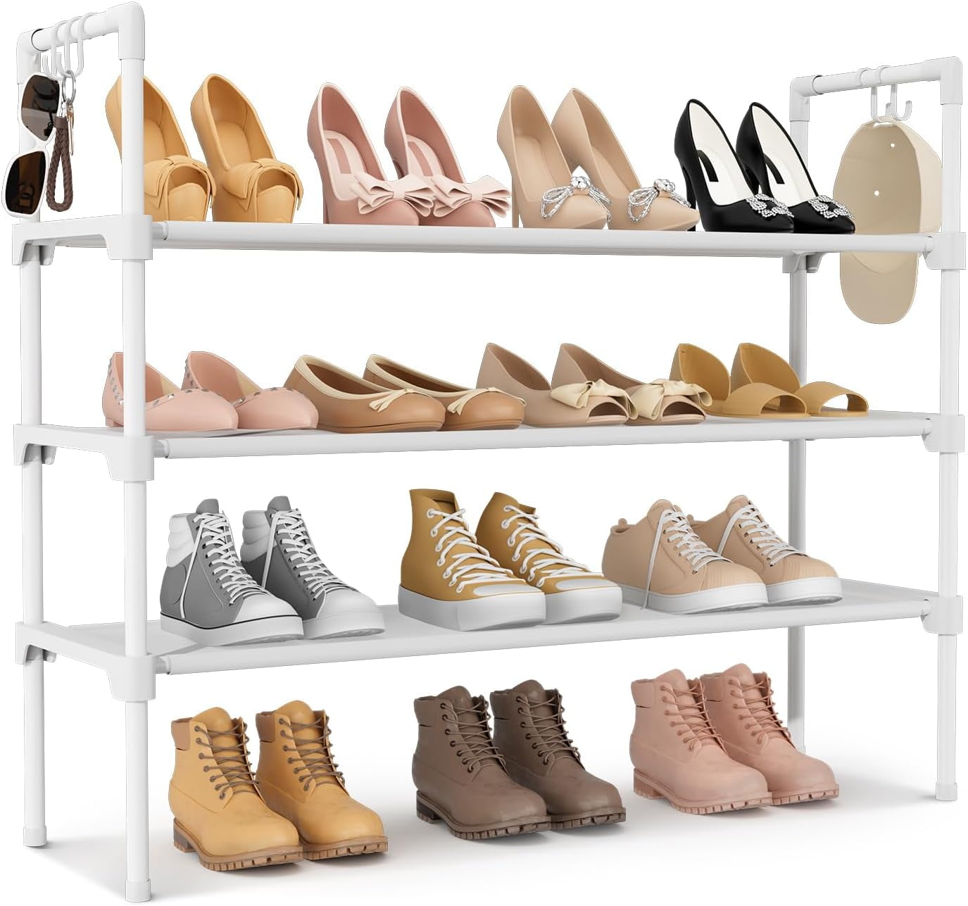 Closet Three-Tier Shoe Rack, Shoe Storage Rack with 5 Hooks, Sneakers ...
