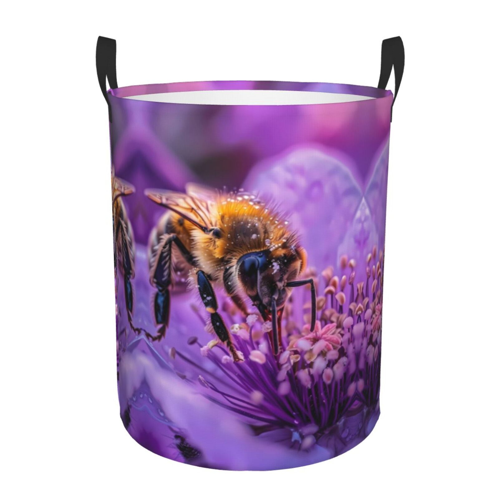 Closeup Honeybee on Flower Laundry Basket with Handles - Freestanding ...