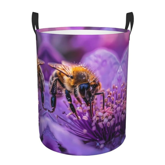Closeup Honeybee on Flower Laundry Basket with Handles - Freestanding ...