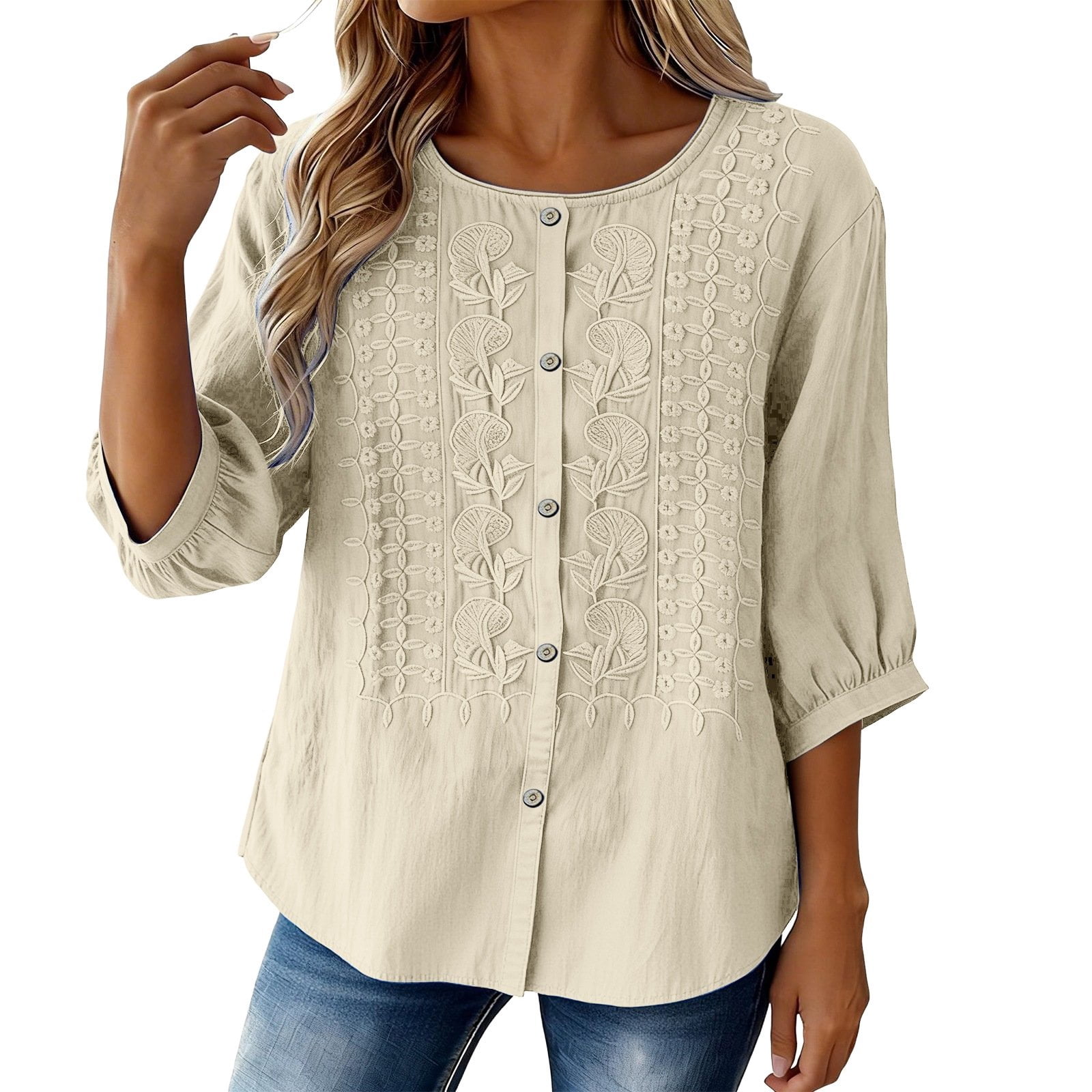 Clossjun Embroidered Linen Tops for Women 3/4 Sleeve Button Boho ...