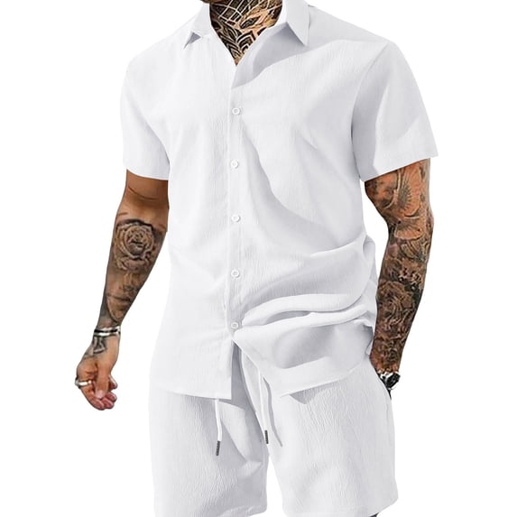 Clossjun Men's Summer Beach Outfits 2 Piece Short Sleeve Shirts and ...