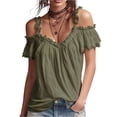 Clossjun Ruffle Ruched Cold Shoulder V Neck Top Backless Short Sleeve ...