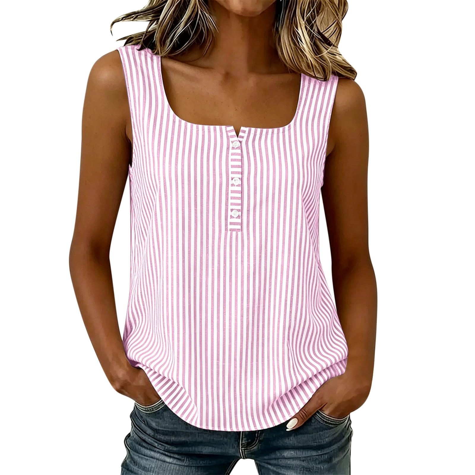 Clossjun Striped Tank Tops for Women Square Neck Button Up Sleeveless ...