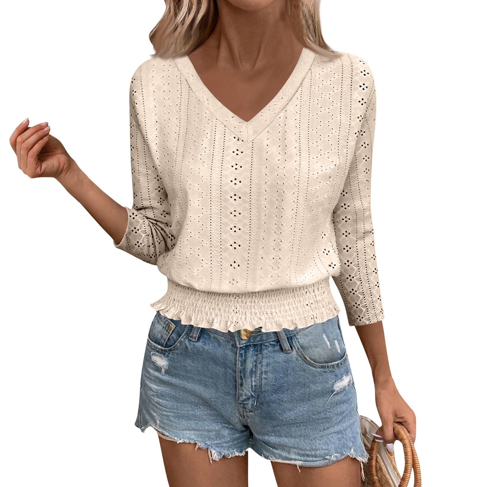 Clossjun Tops for Women V Neck Blouses Dressy Casual Eyelet Embroidered ...