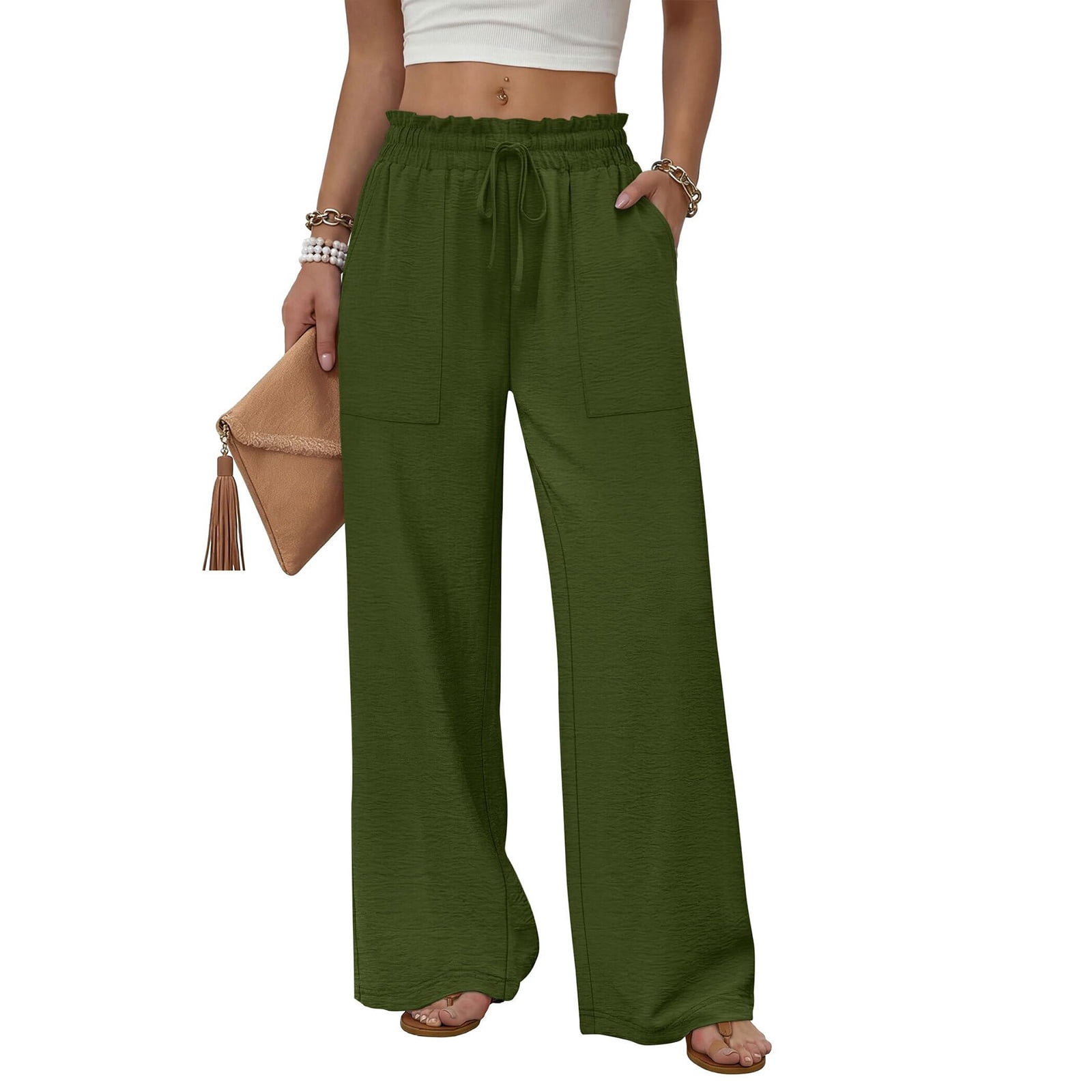 Clossjun Women's Wide Leg Pants with Pockets Drawstring Loose Trousers ...
