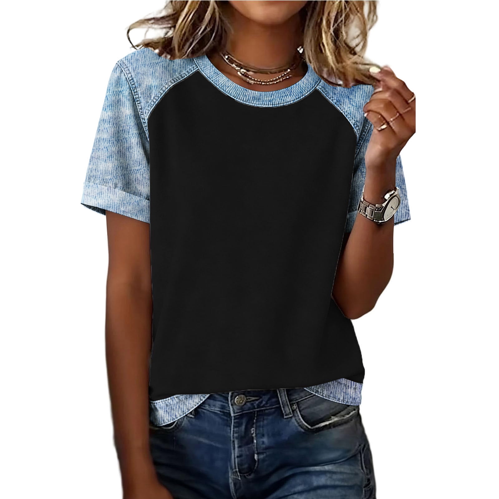 Clossjun Womens Summer Tops Color Block Short Sleeve Raglan Shirts ...