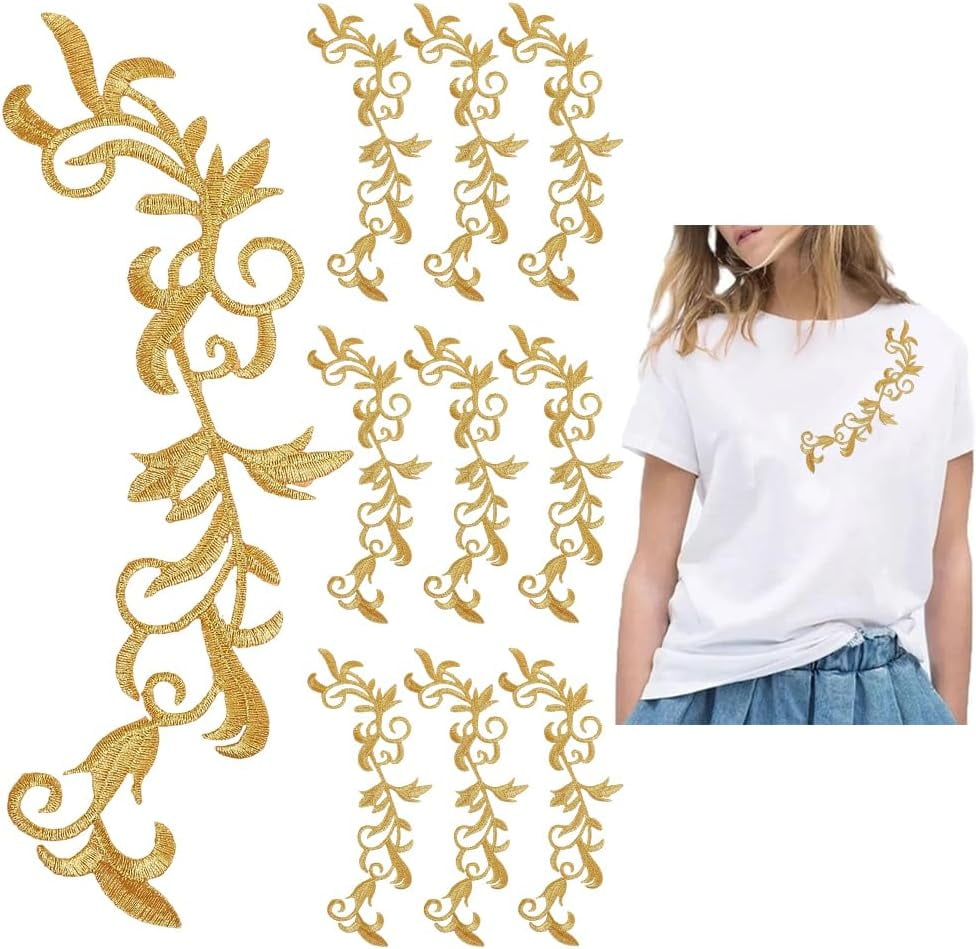 Cloth 10Pcs Metallic Embroidered Iron on Patch Gold Long Leaf ...