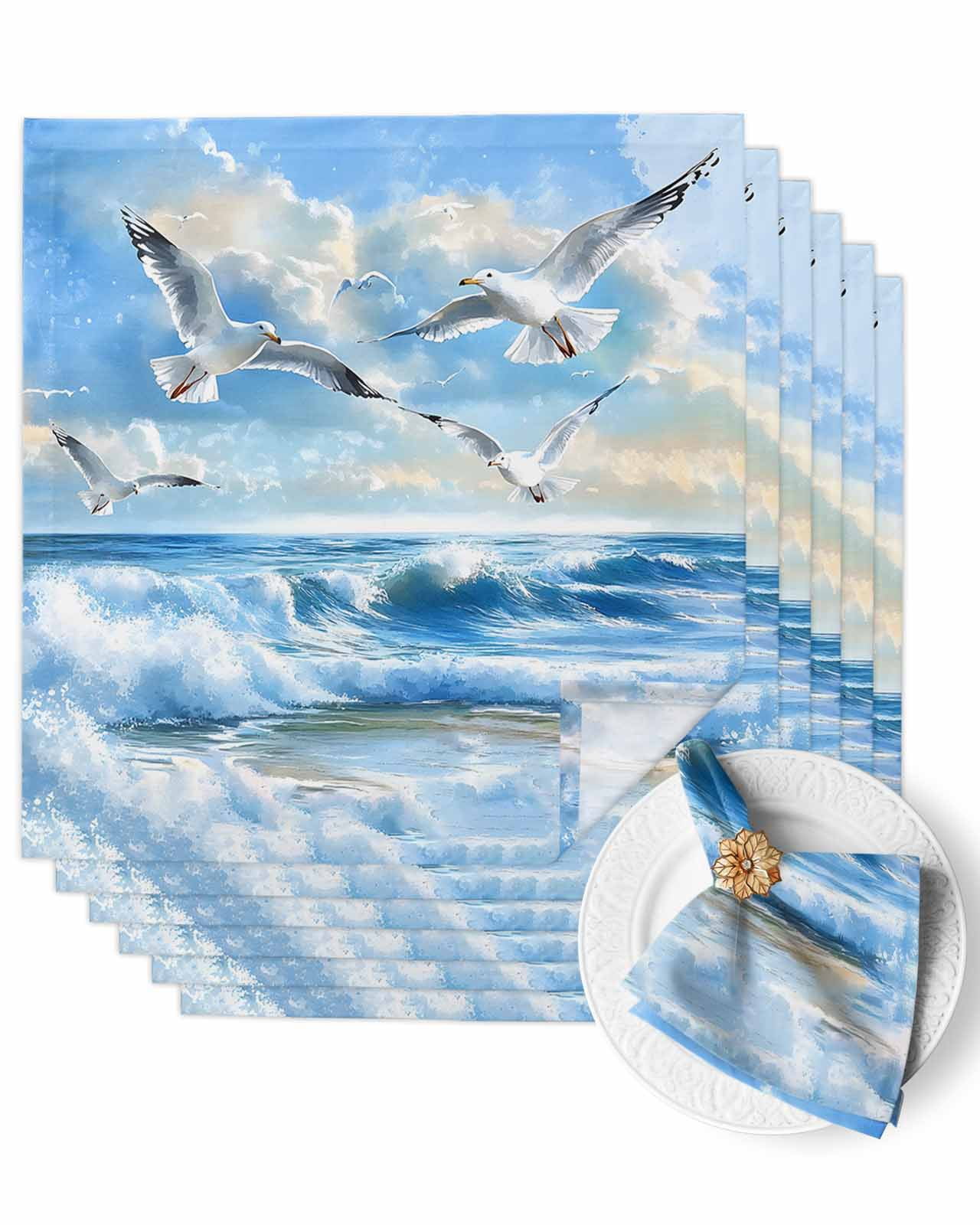 Cloth Napkins Beach Egret Bird Coastal Scene Washable Soft Kitchen ...