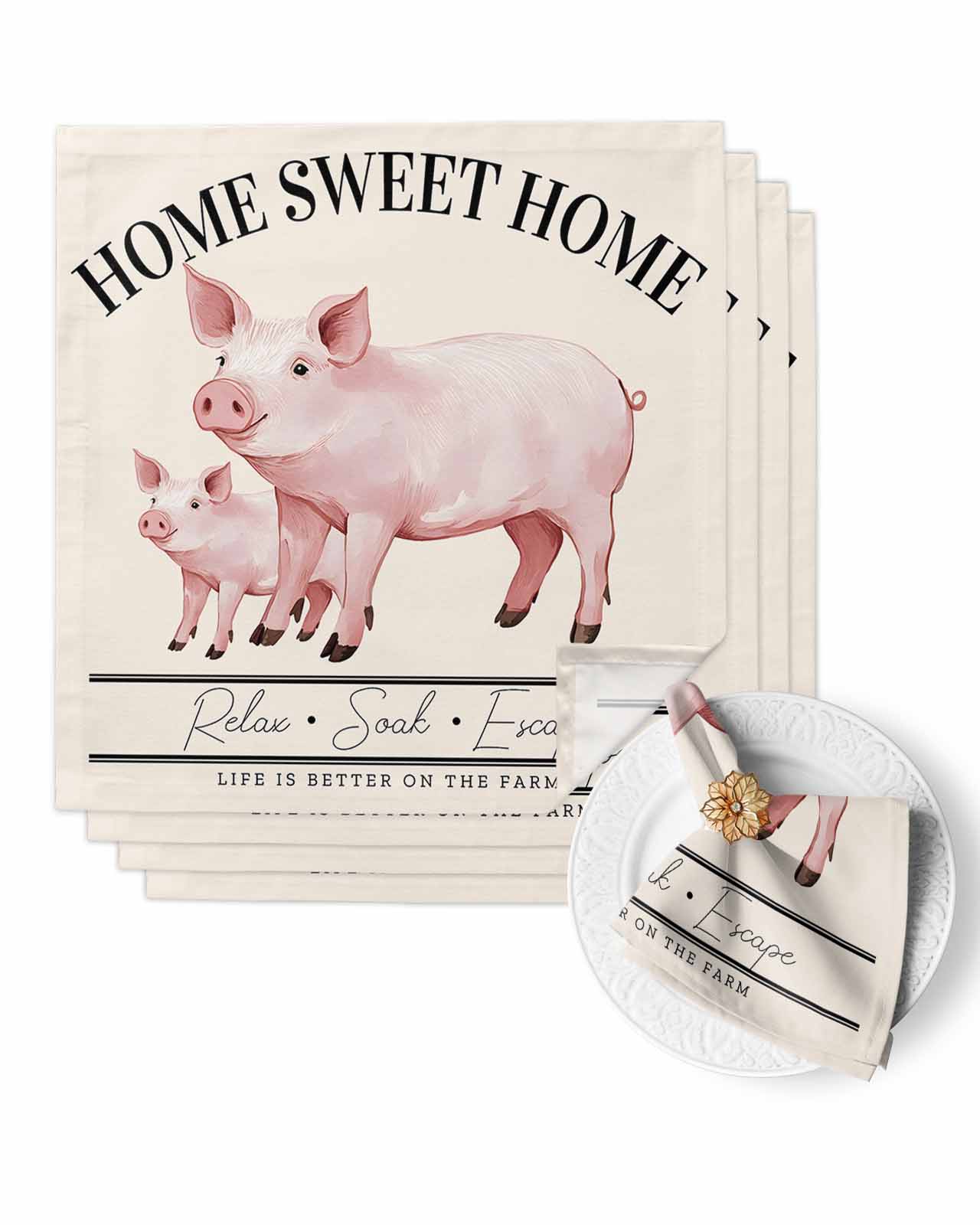 Cloth Napkins Country Pink Pig Farmhouse Theme Washable Soft Kitchen ...