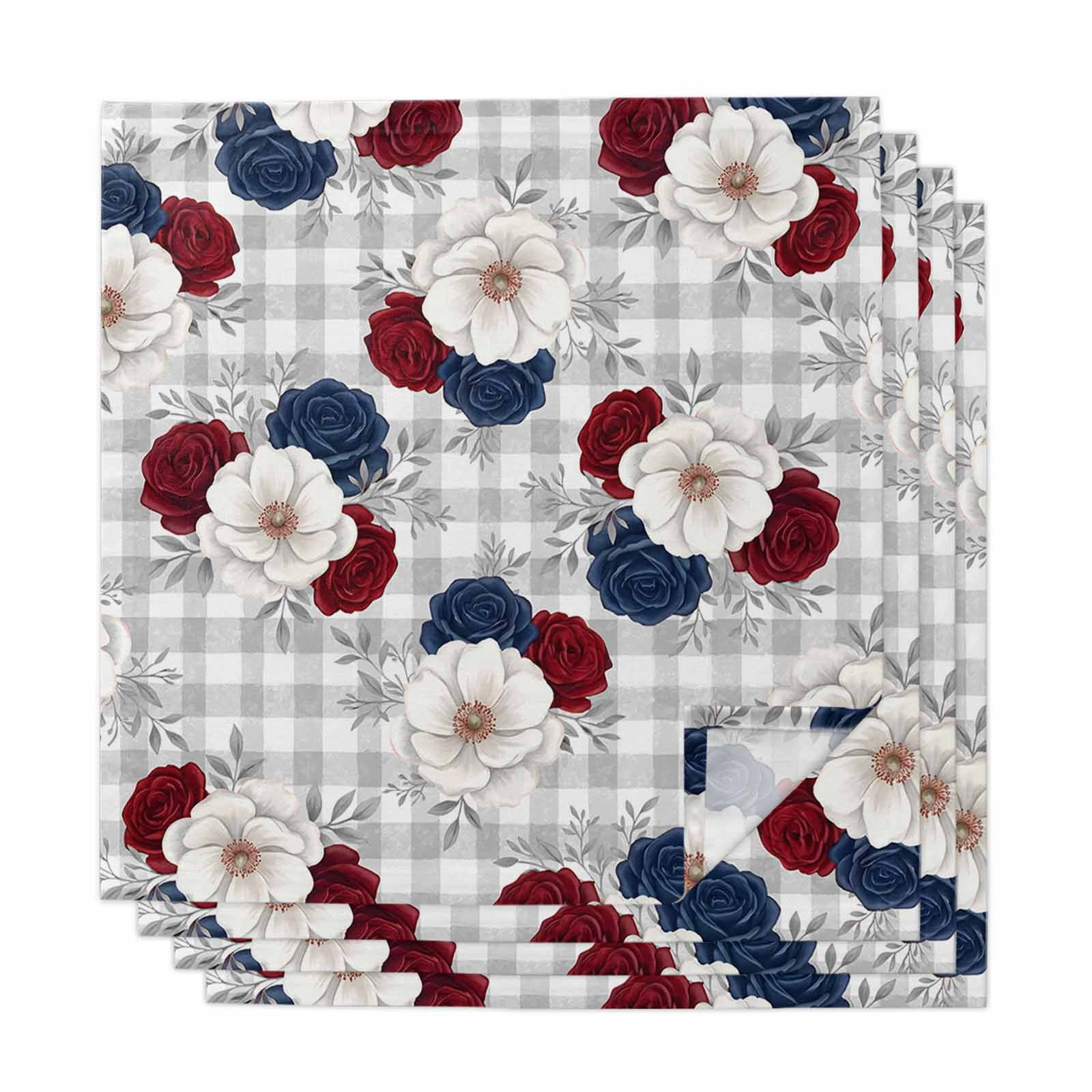 Cloth Napkins Independence Day Red White Blue Floral Washable Soft ...