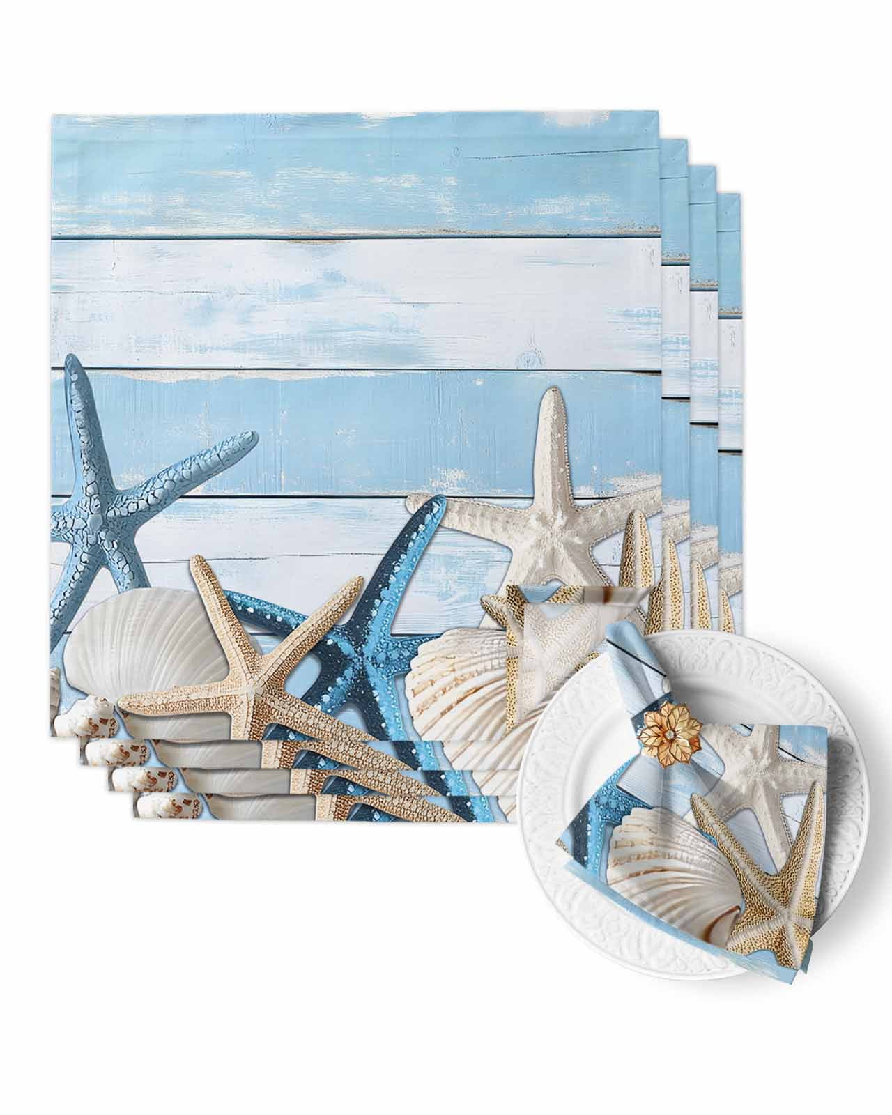 Cloth Napkins Marine Starfish Shell on Wood Grain Washable Soft Kitchen ...