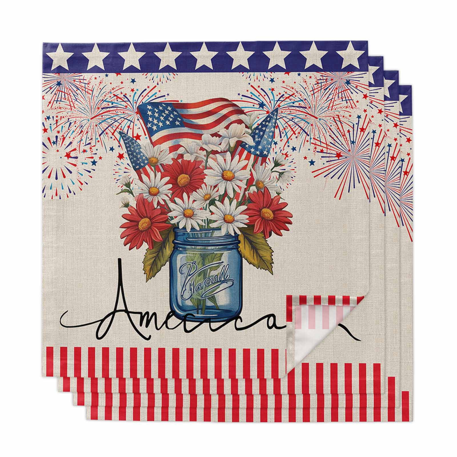 Cloth Napkins Memorial Day Flower Patriotic Flag Washable Soft Kitchen ...