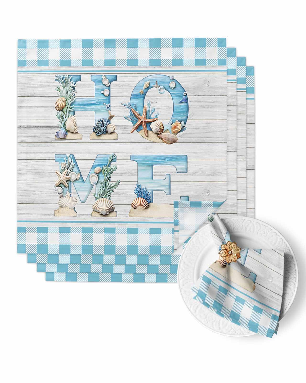 Cloth Napkins Ocean Theme Home Text Blue Check Washable Soft Kitchen ...