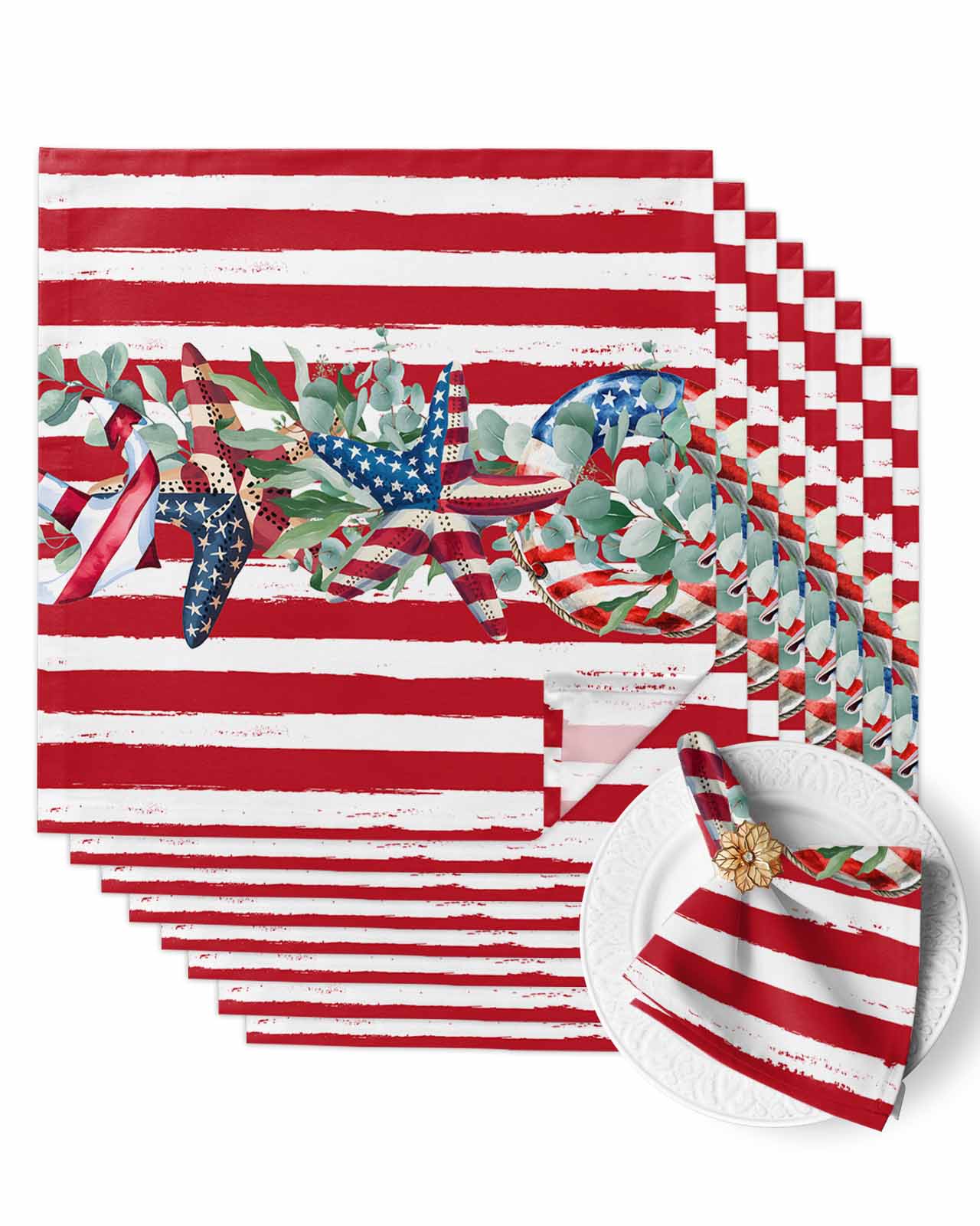 Cloth Napkins Retro Watercolor Stars Red White Stripe Washable Soft ...