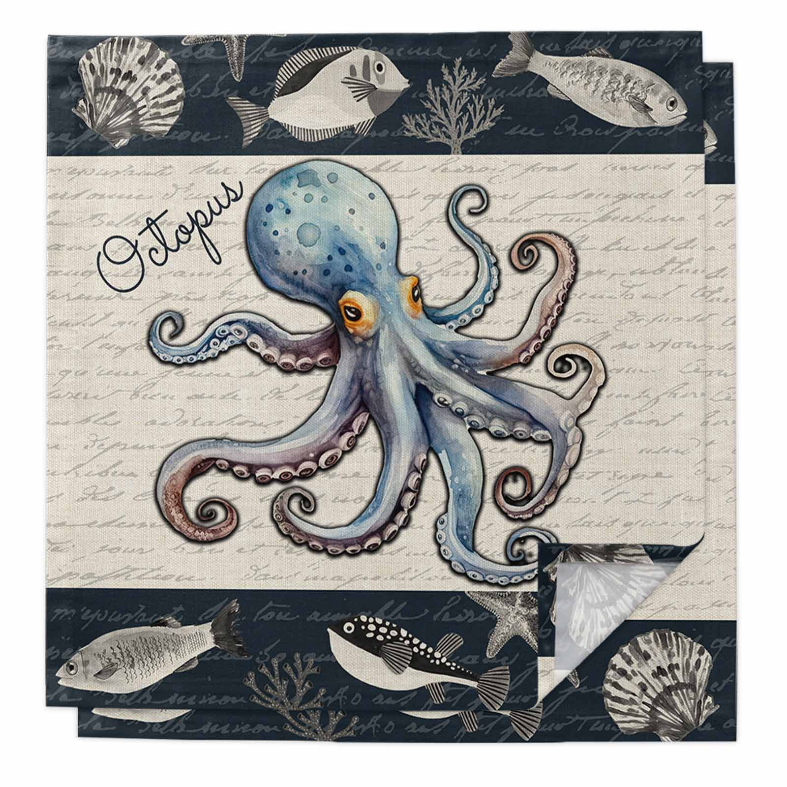 Cloth Napkins Set of 2 - 20x20 Inches, Coastal Octopus Washable ...