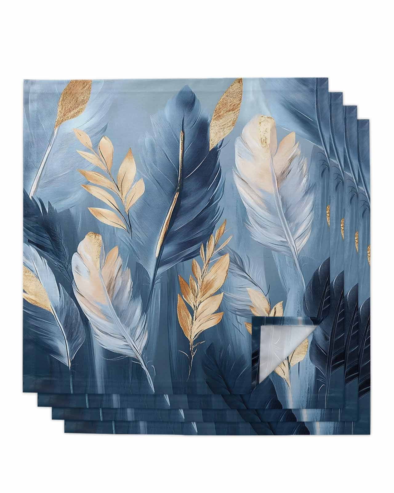 Cloth Napkins Set of 4 - 20x20 Inches, Blue Gold Feather Washable ...