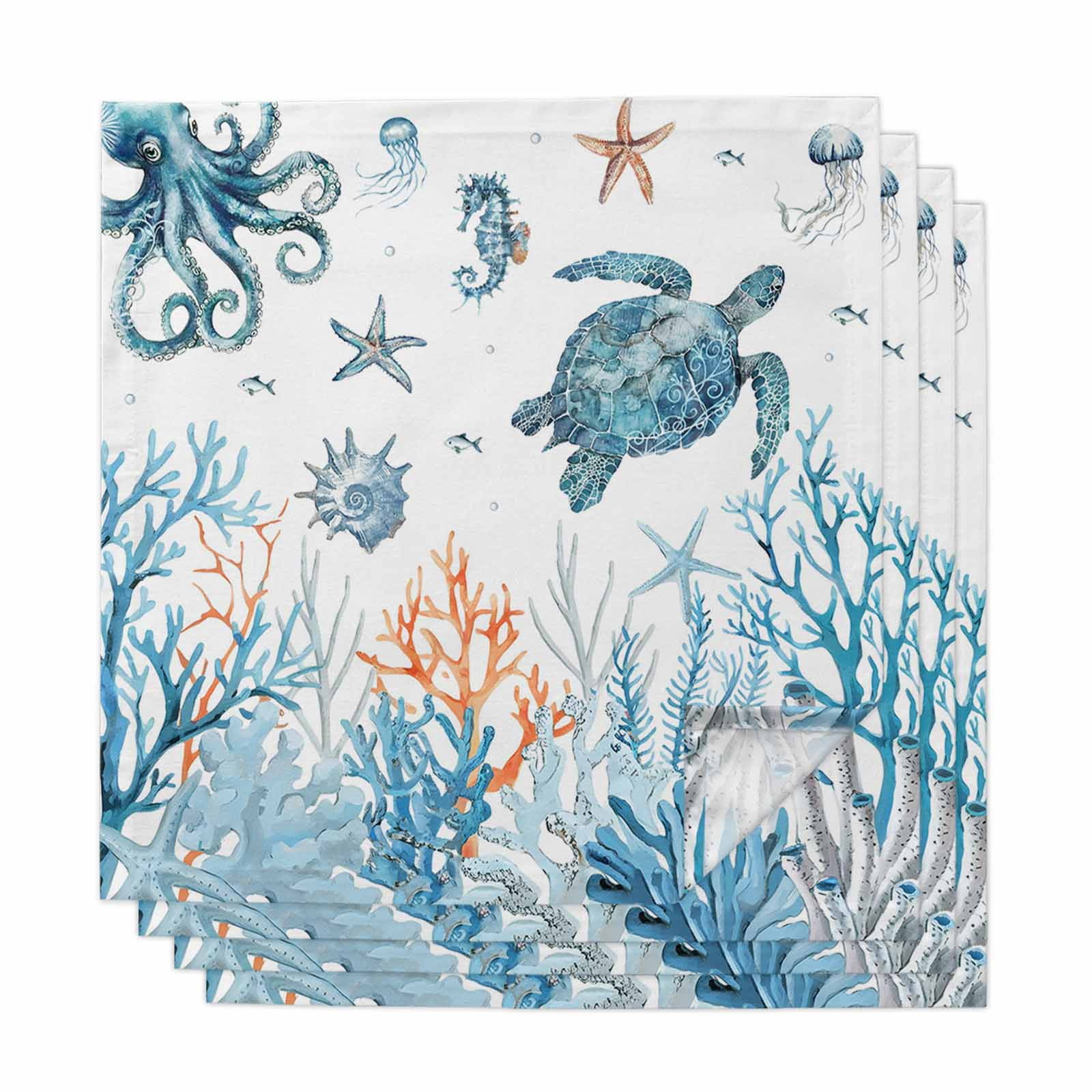 Cloth Napkins Set of 4 - 20x20 Inches, Blue Turtle Coastal Washable ...