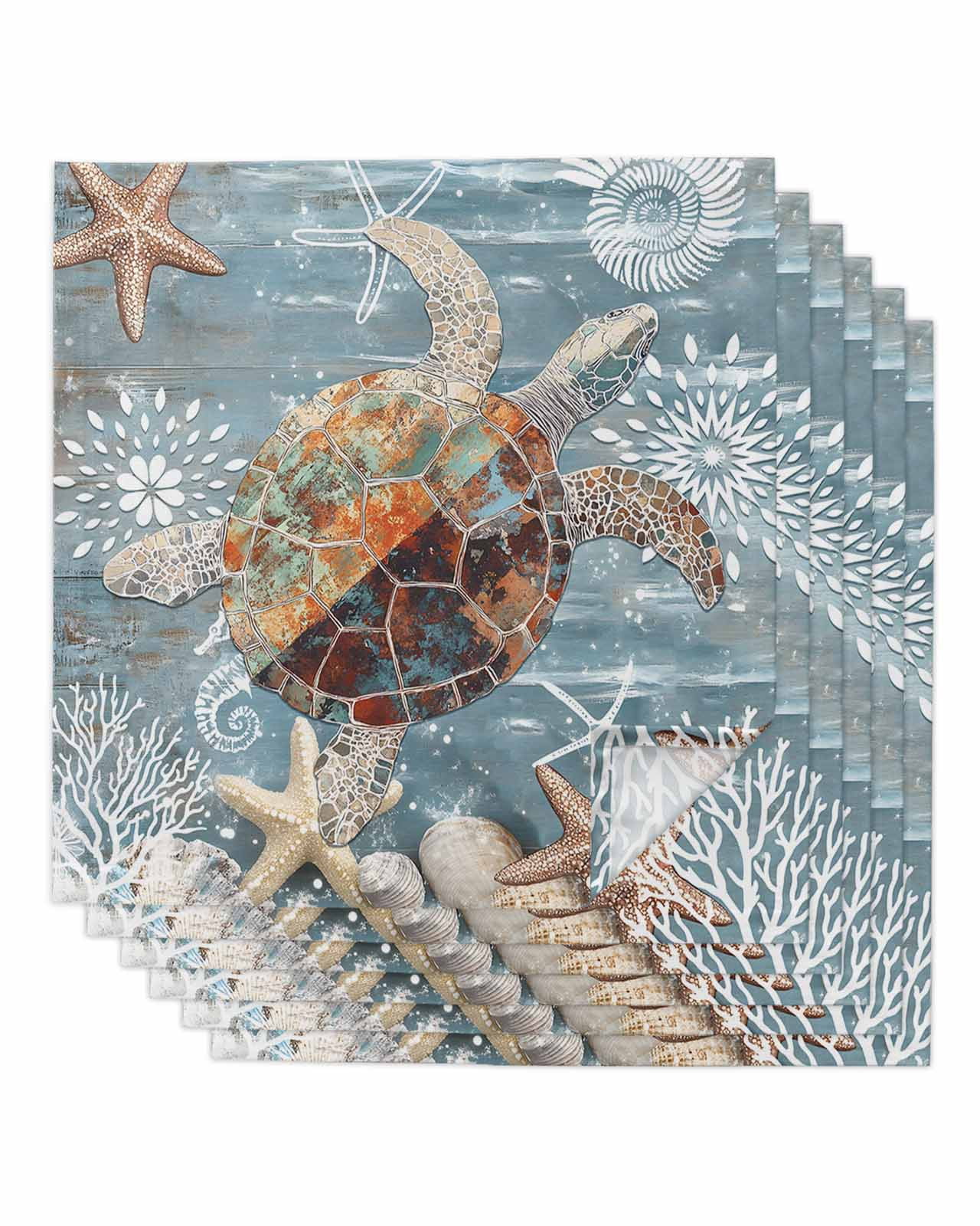 Cloth Napkins Set of 6 - 20x20 Inches, Blue Sea Turtle Coastal Washable ...