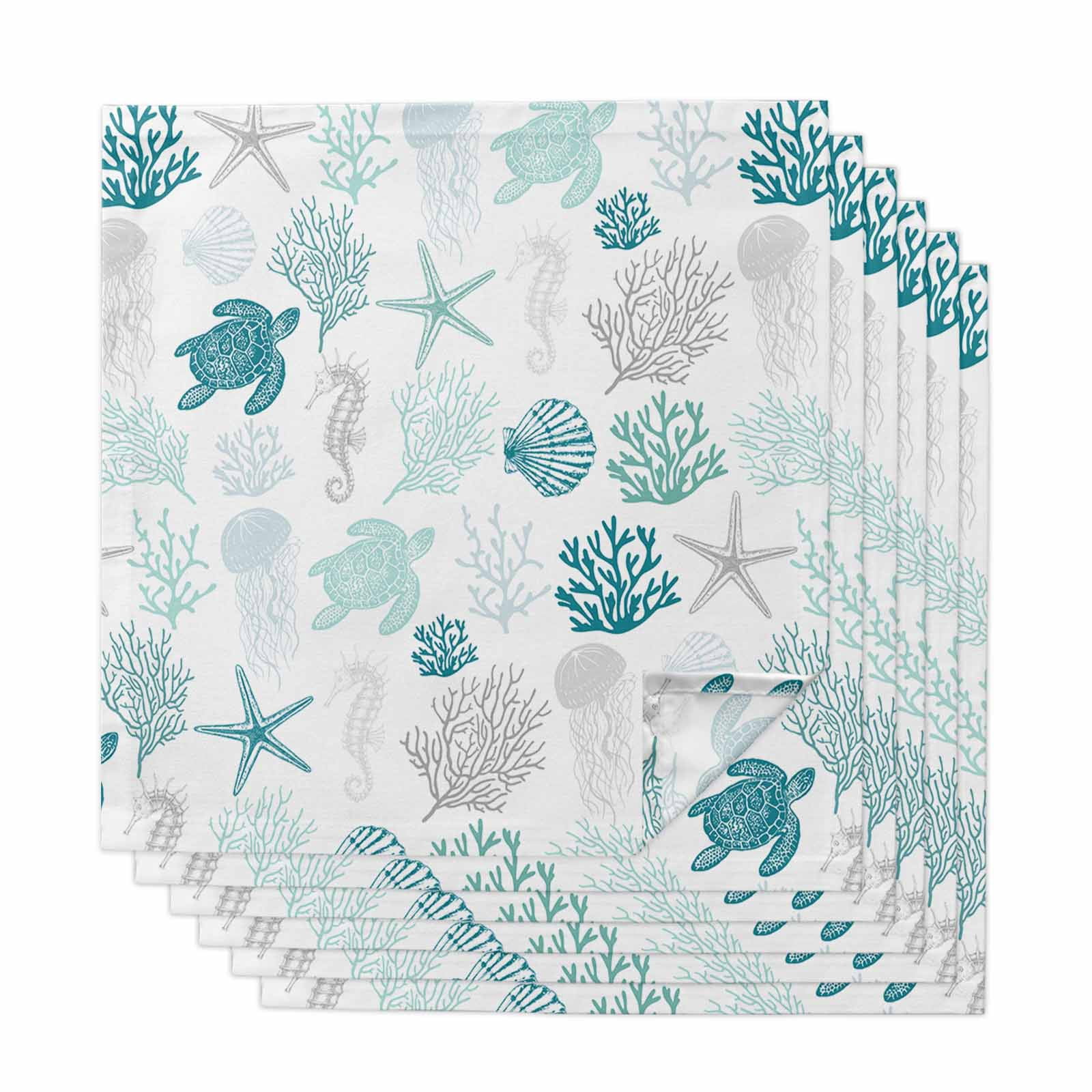 Cloth Napkins Set of 6 Abstract Coral Turtles Starfish Shells Cocktail ...