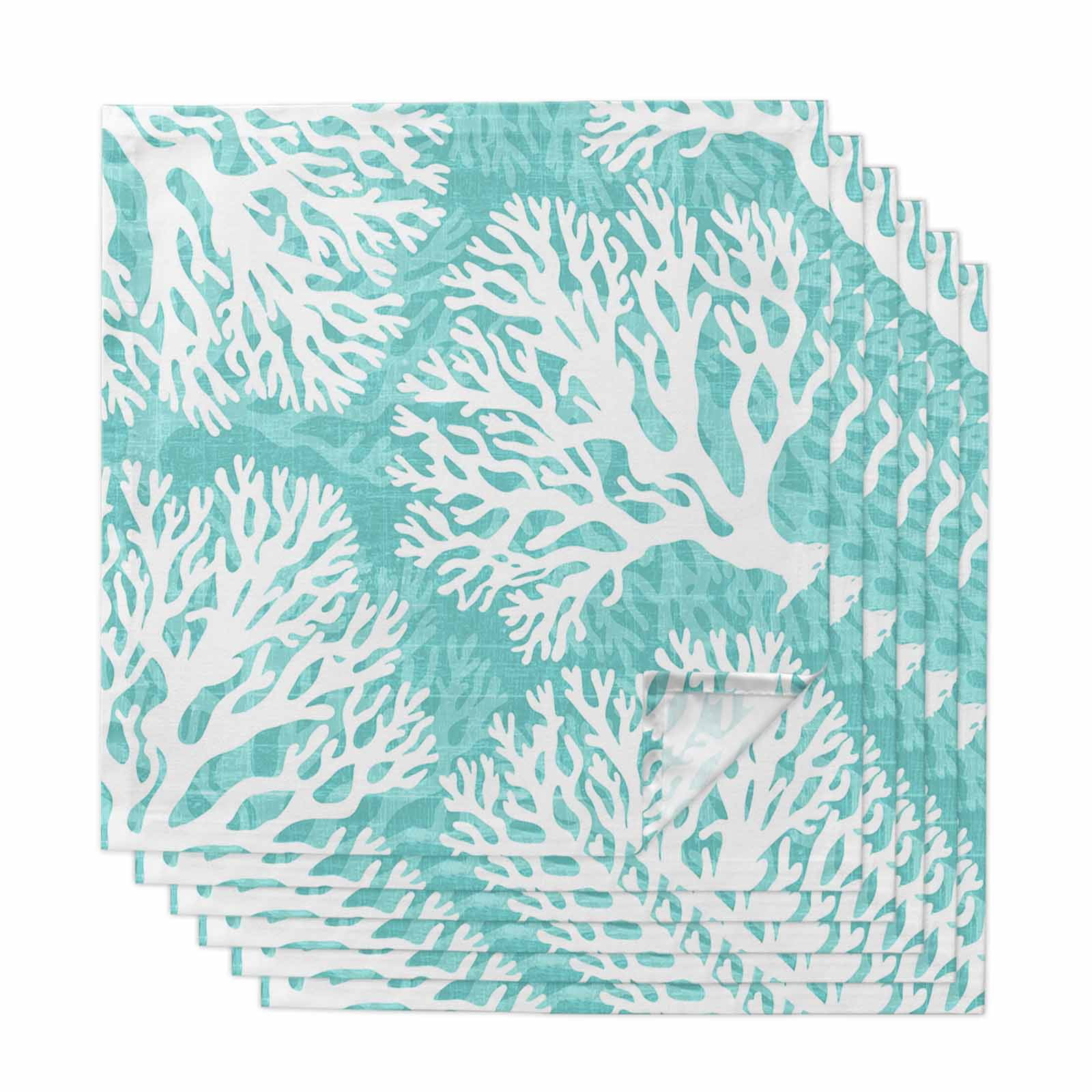 Cloth Napkins Set of 6 Aqua Ocean Coral Cocktail Napkins Coastal Marine ...