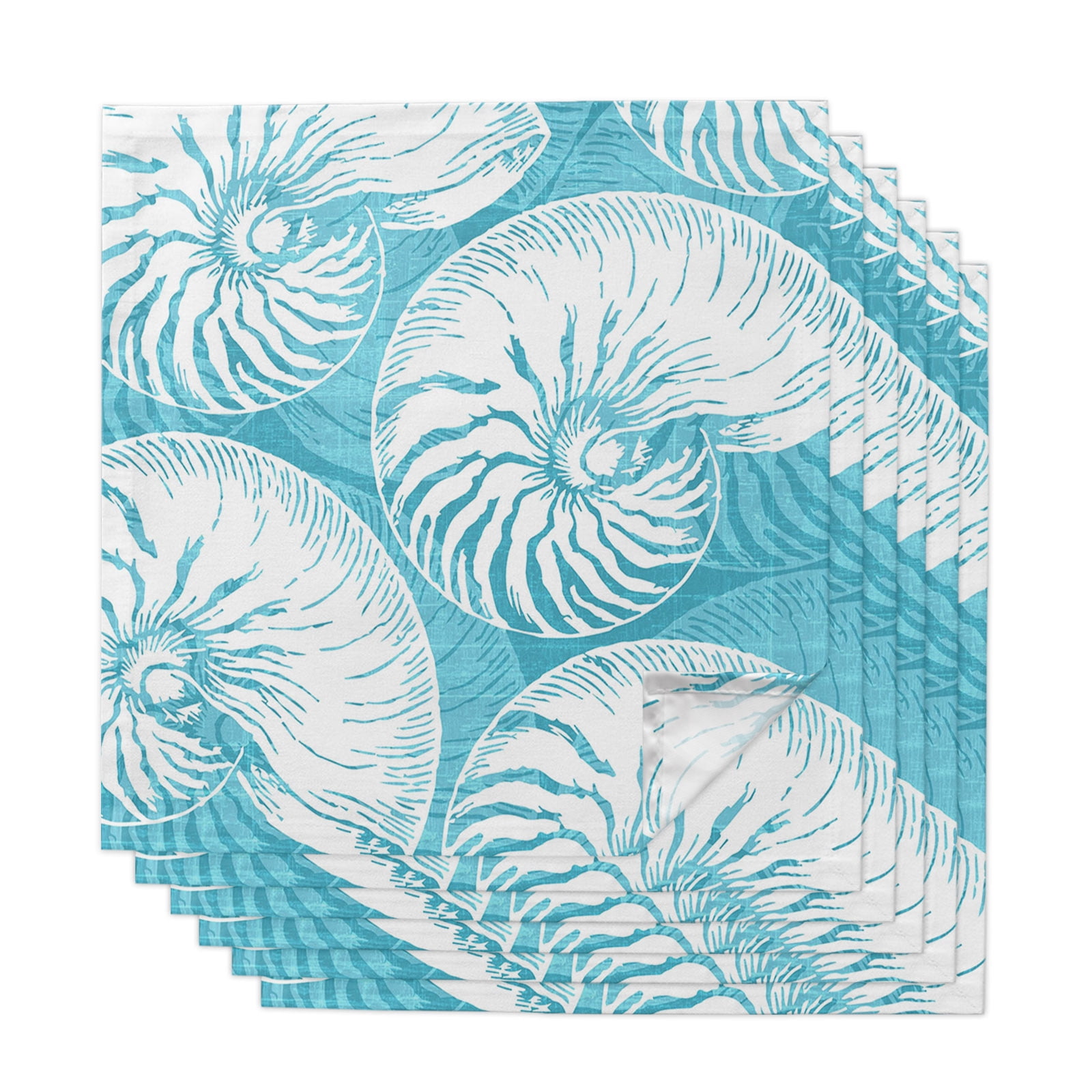 Cloth Napkins Set of 6 Aqua Shell Cocktail Napkins Coastal Conch Ocean ...