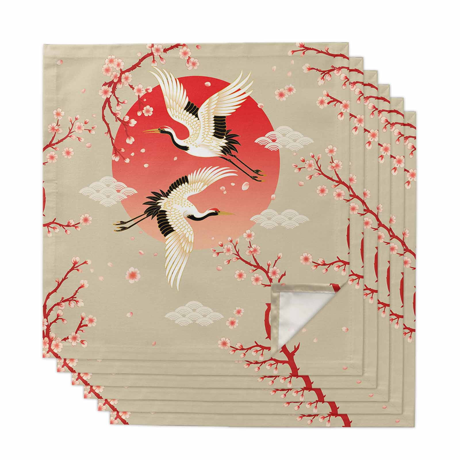 Cloth Napkins Set of 6 Cherry Blossom Crane Cocktail Napkins Japanese ...