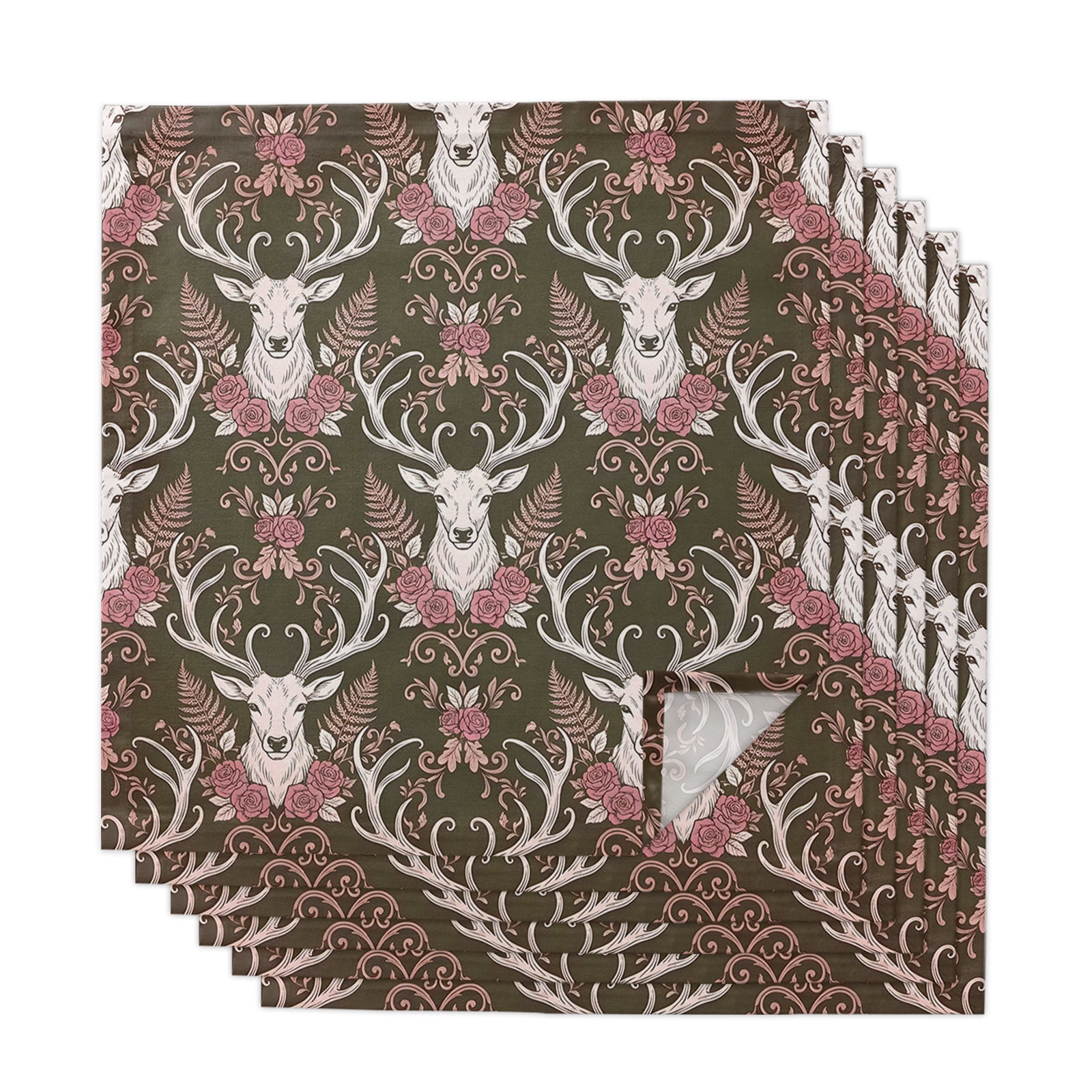 Cloth Napkins Set of 6 Floral Elk Head Cocktail Napkins Brown Leaves ...