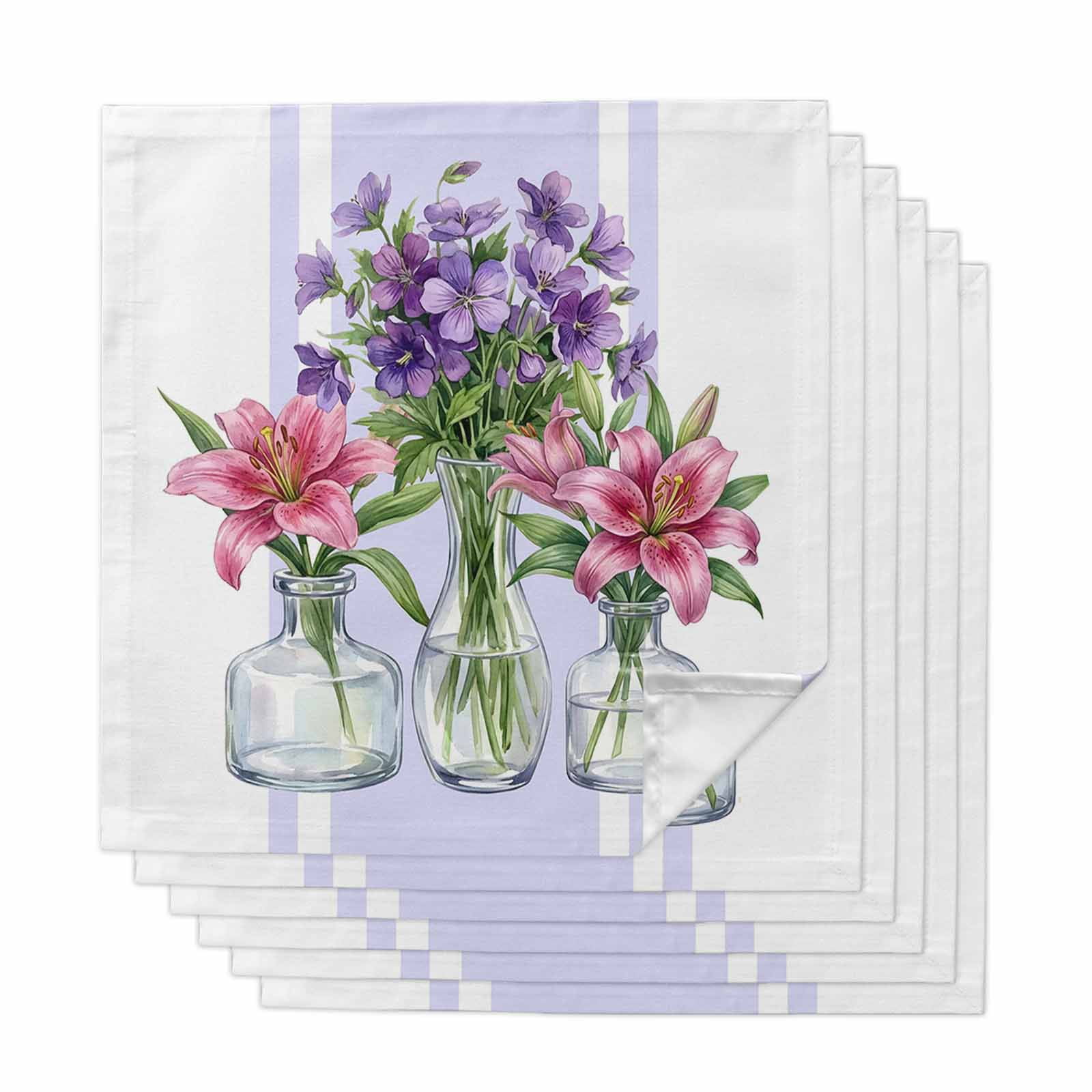 Cloth Napkins Set of 6 Floral Vase Cocktail Napkins Lavender Purple ...