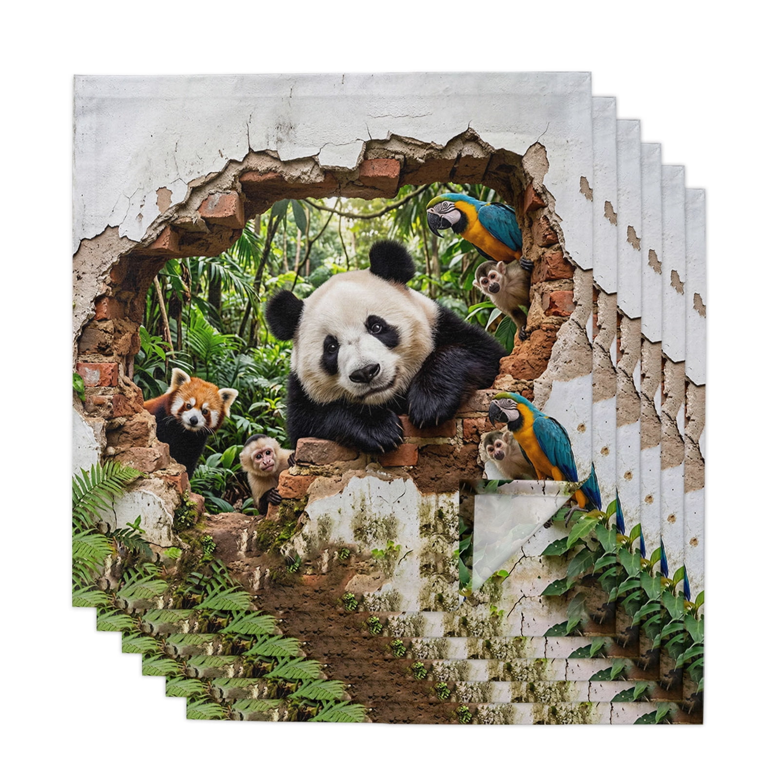 Cloth Napkins Set of 6 Forest Animal Cocktail Napkins Broken Wall Panda ...