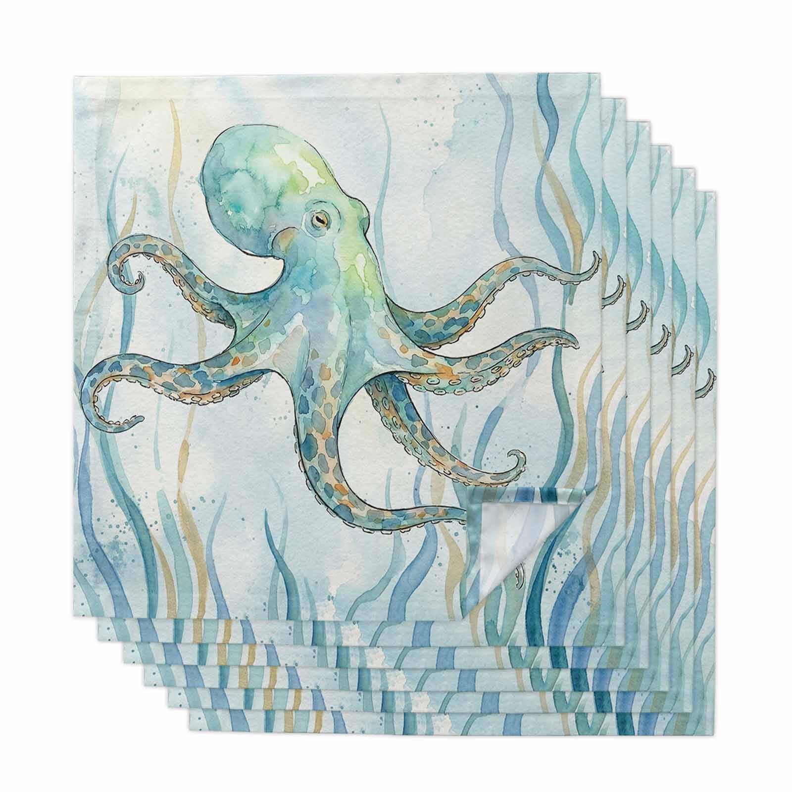 Cloth Napkins Set of 6 Octopus Cocktail Napkins Ocean Marin Life Teal ...