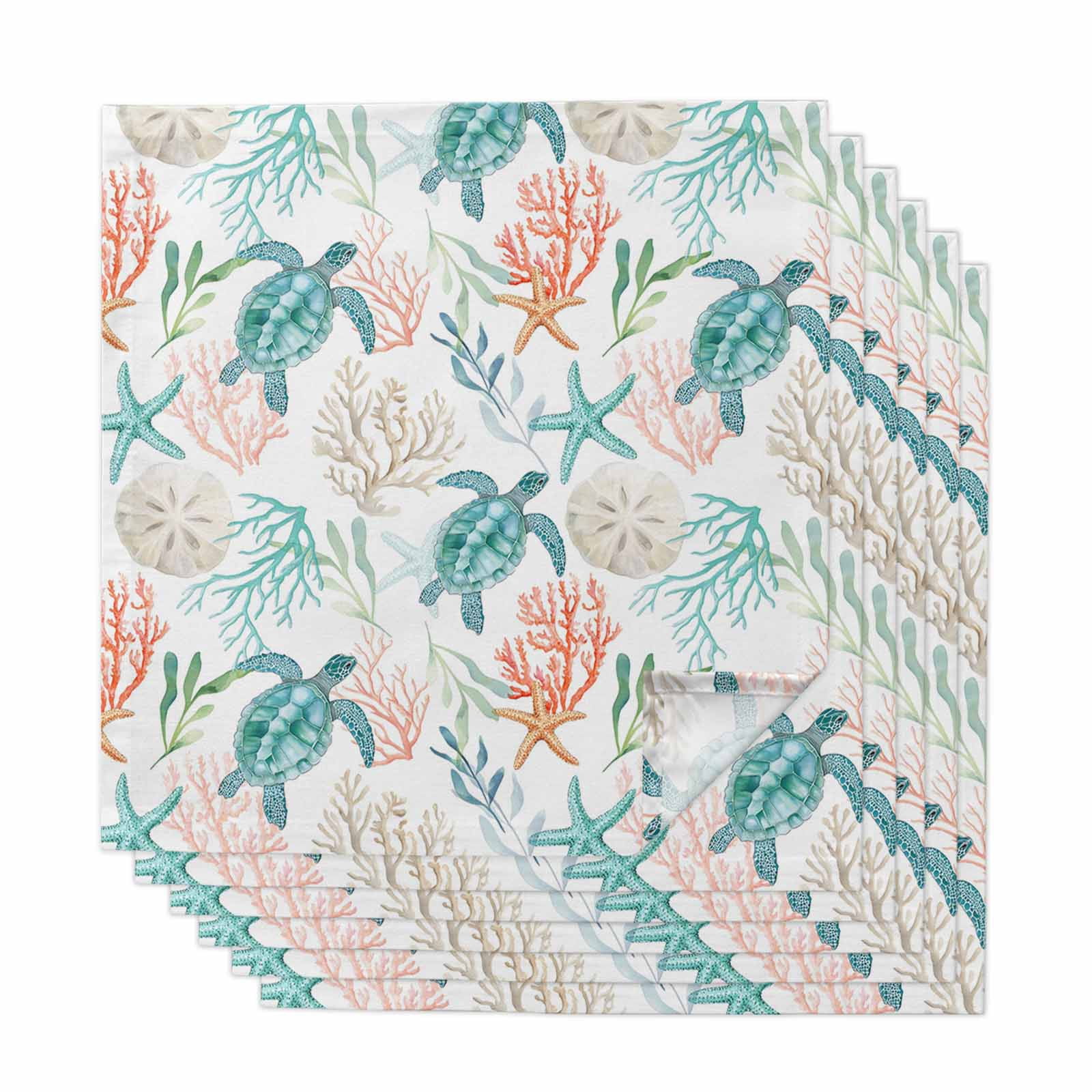 Cloth Napkins Set of 6 Teal Green Turtle Cocktail Napkins Starfish ...