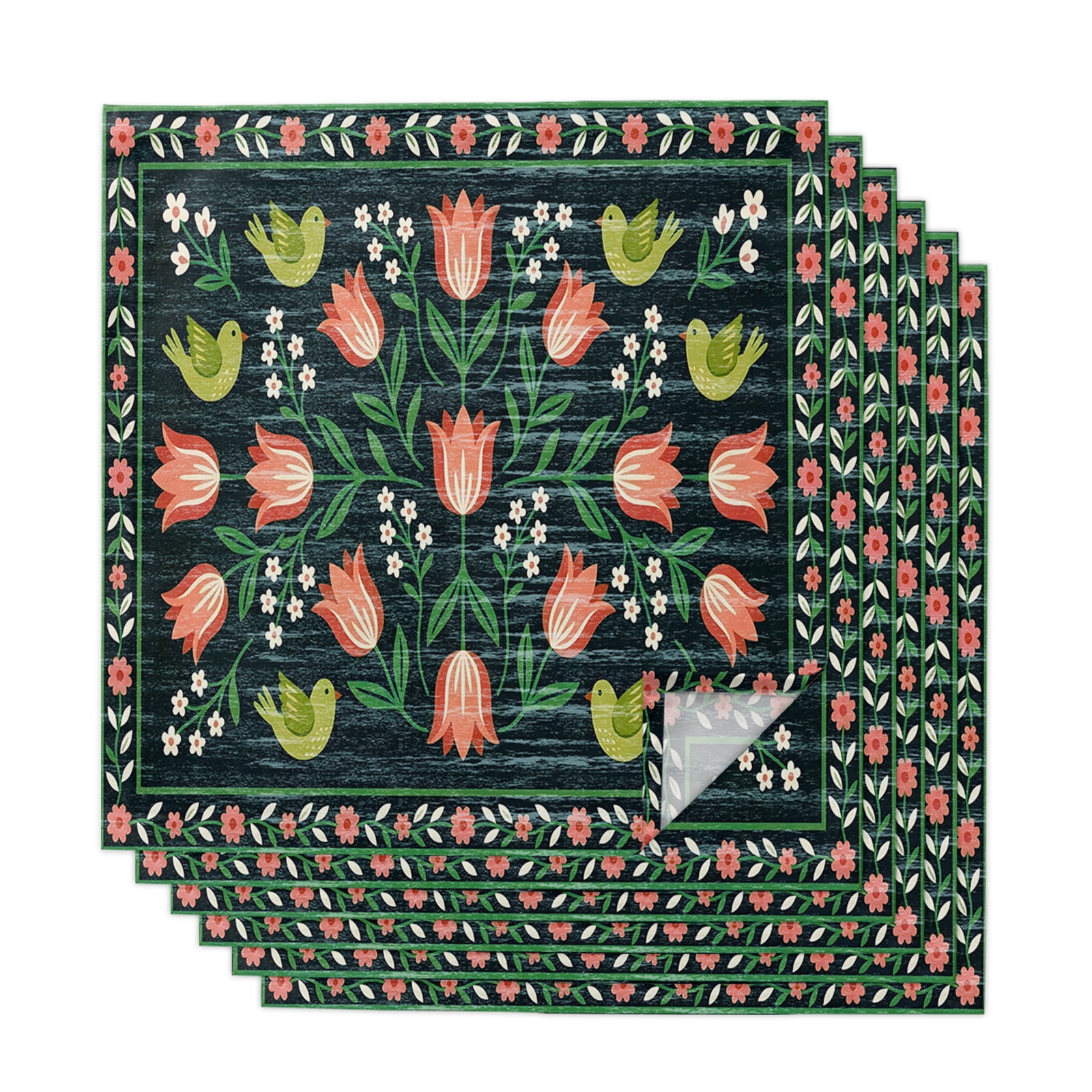 Cloth Napkins Set of 6 Tulip Daisy Floral Cocktail Napkins Green Bird ...