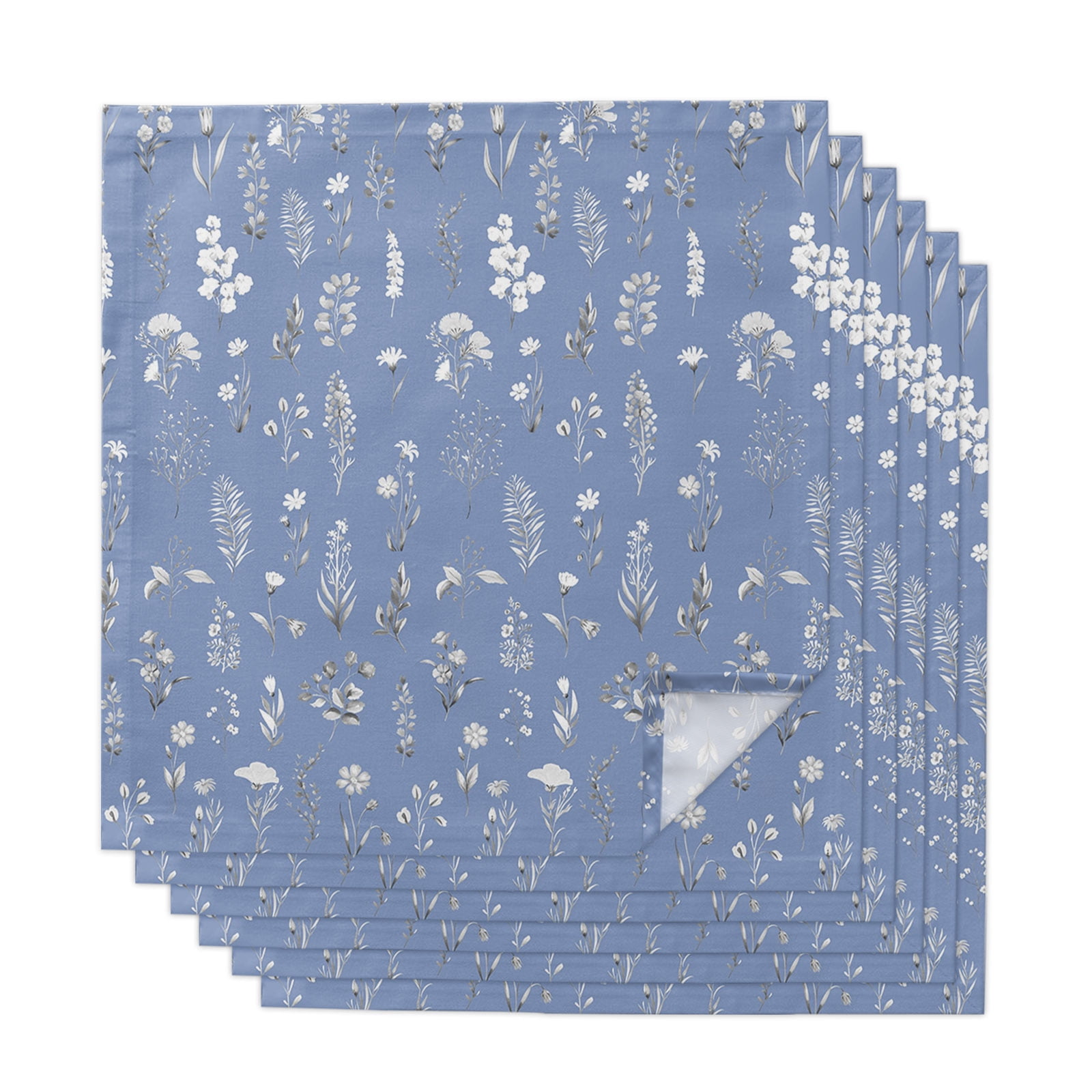 Cloth Napkins Set of 6 White Wildflowers Cocktail Napkins Blue Petals ...