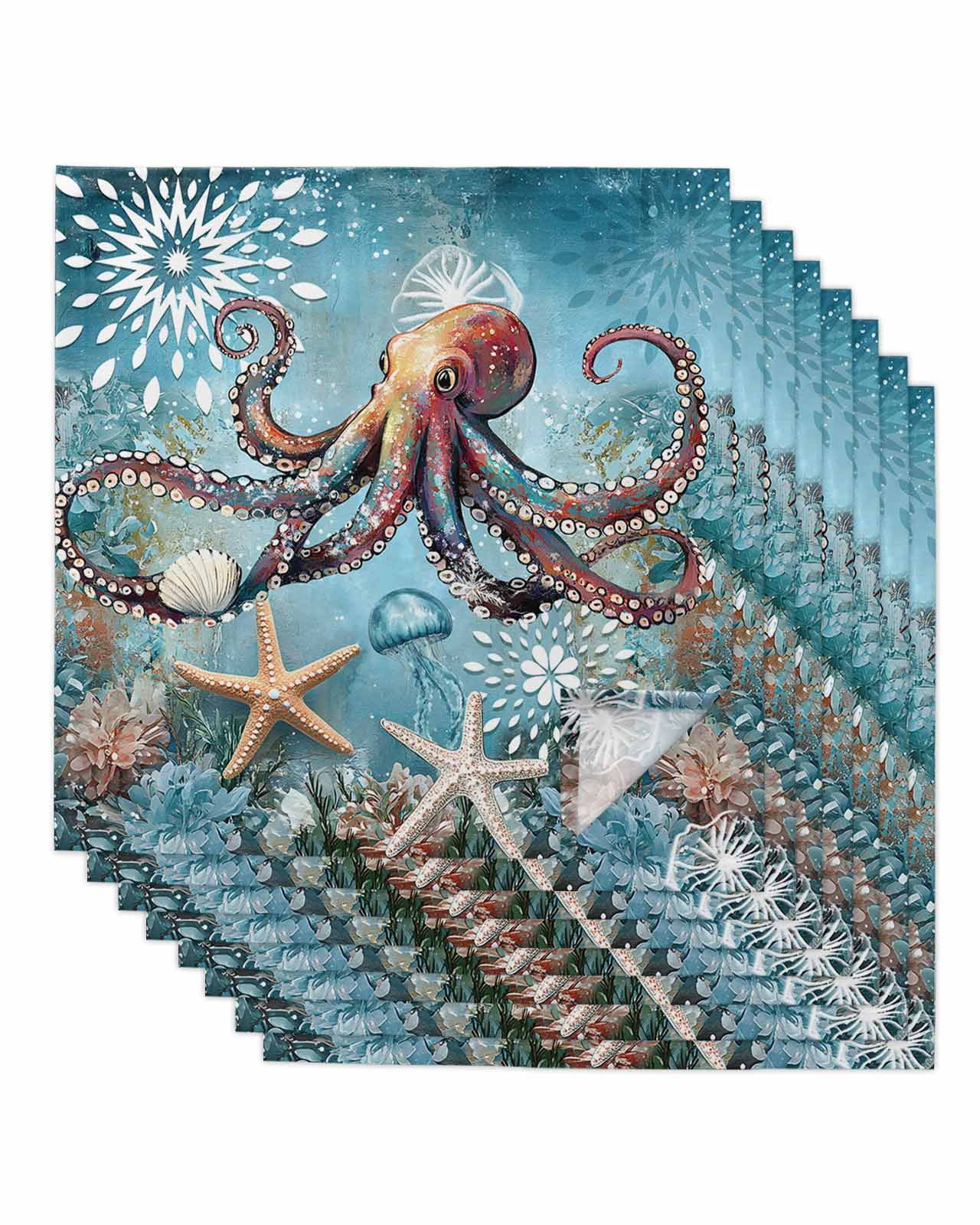 Cloth Napkins Set of 8 - 20x20 Inches, Coastal Octopus Washable ...