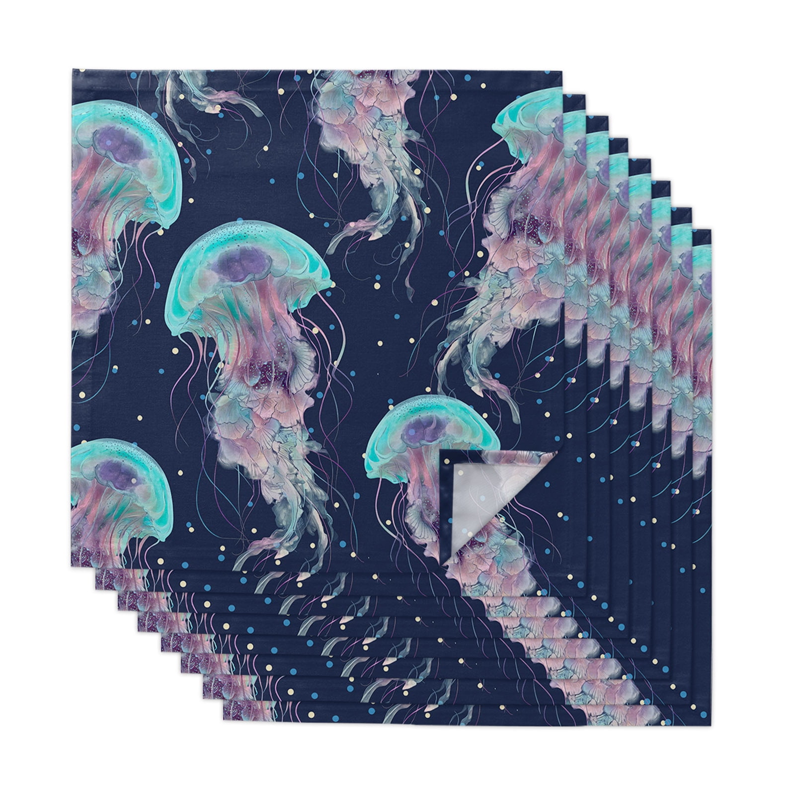 Cloth Napkins Set of 8 Blue Purple Jellyfish Cocktail Napkins Coastal ...