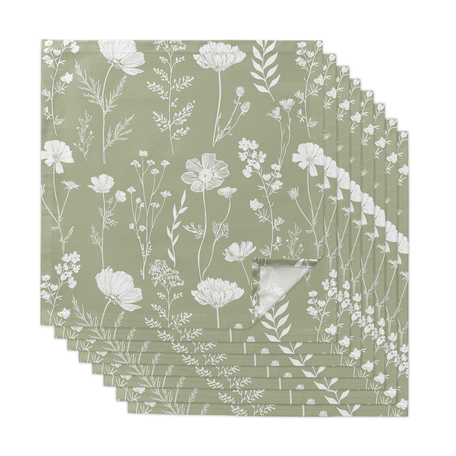 Cloth Napkins Set of 8 Sage Green Spring Wildflowers Cocktail Napkins ...