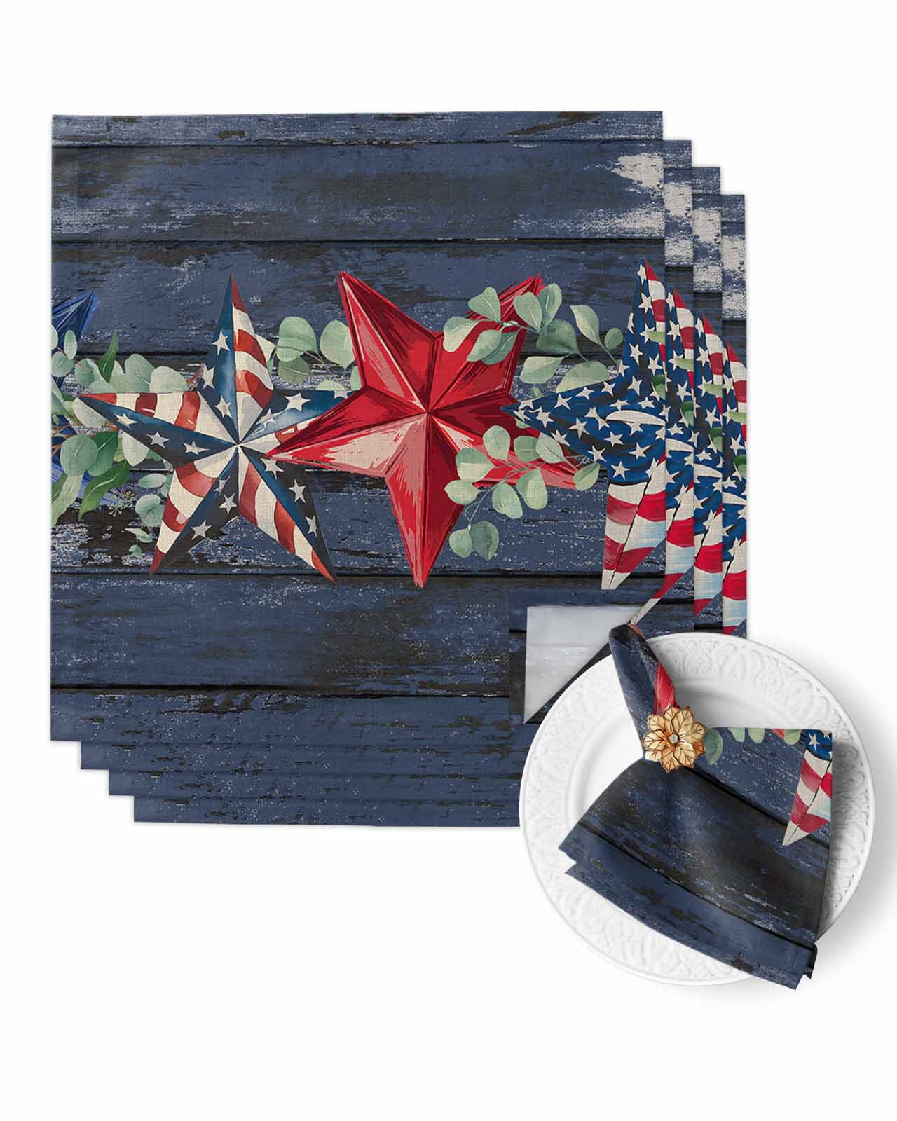 Cloth Napkins Stars with American Flag on Wood Washable Soft Kitchen ...