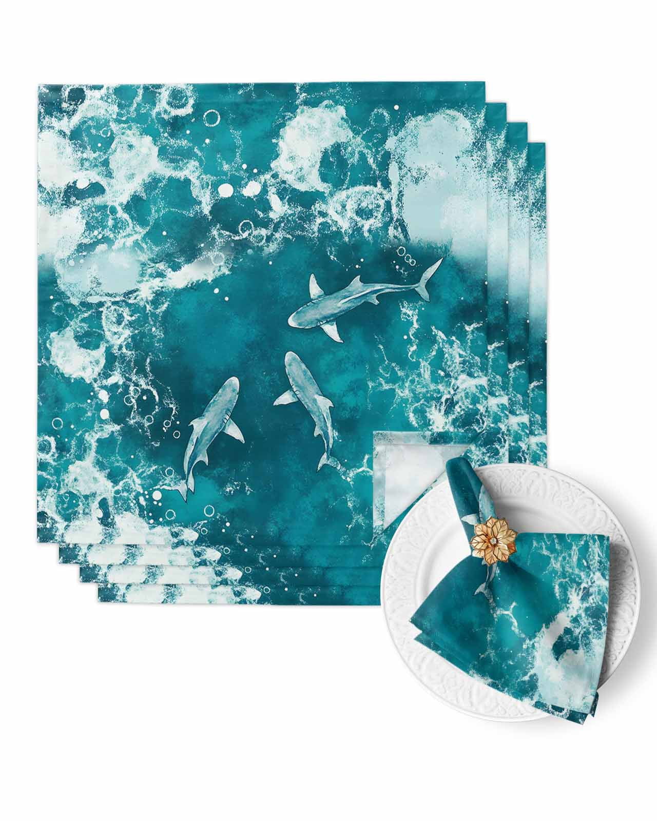 Cloth Napkins Summer Nautical Marine Shark Washable Soft Kitchen Dinner ...