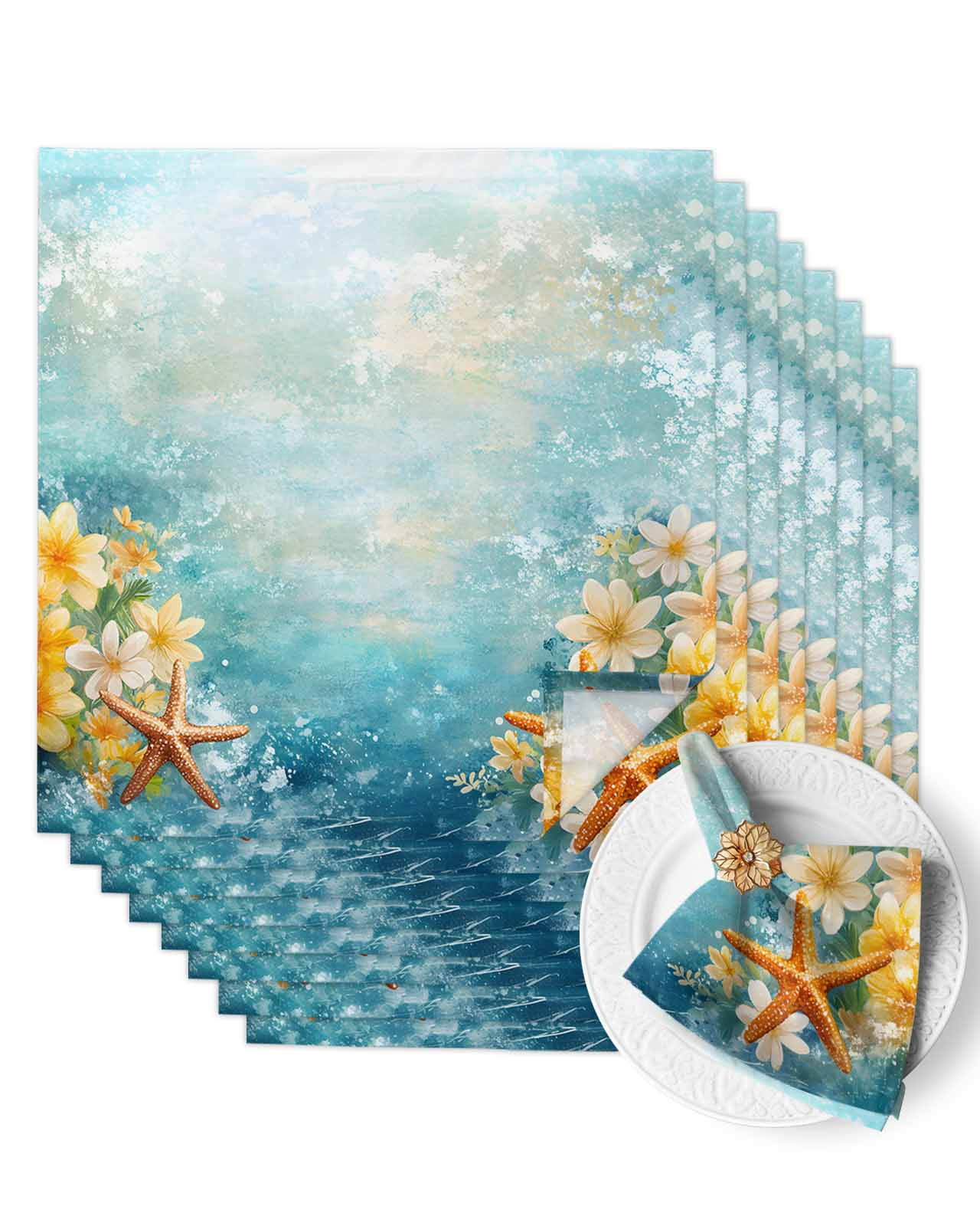 Cloth Napkins Summer Ocean Starfish Flower Washable Soft Kitchen Dinner ...