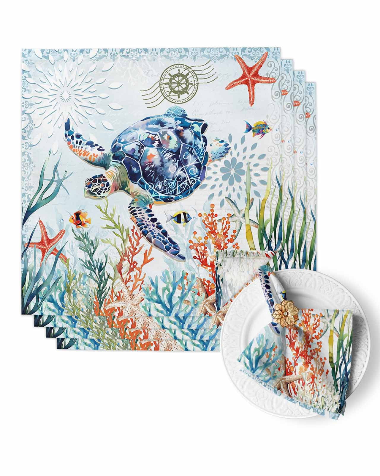 Cloth Napkins Summer Ocean Turtle Coral Starfish Washable Soft Kitchen ...