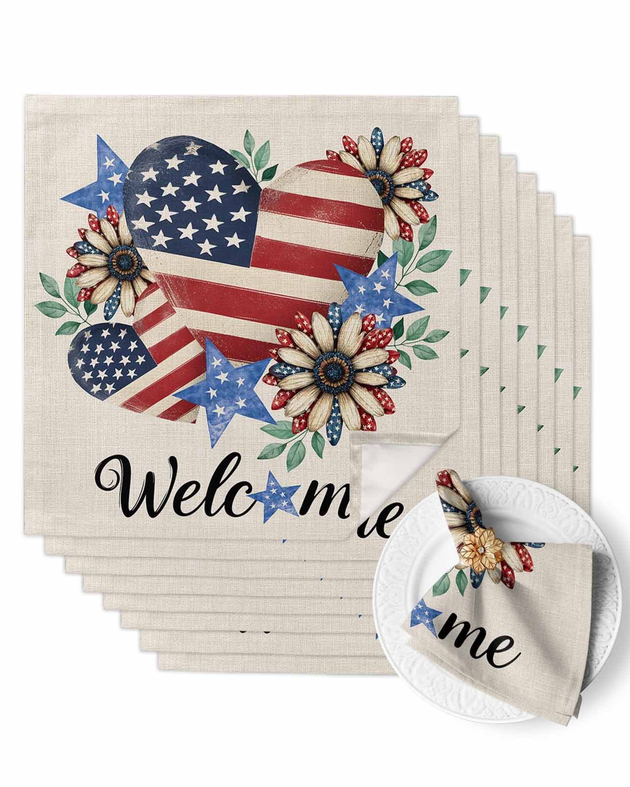Cloth Napkins Vintage American Heart Flag Flower Star Washable Soft ...