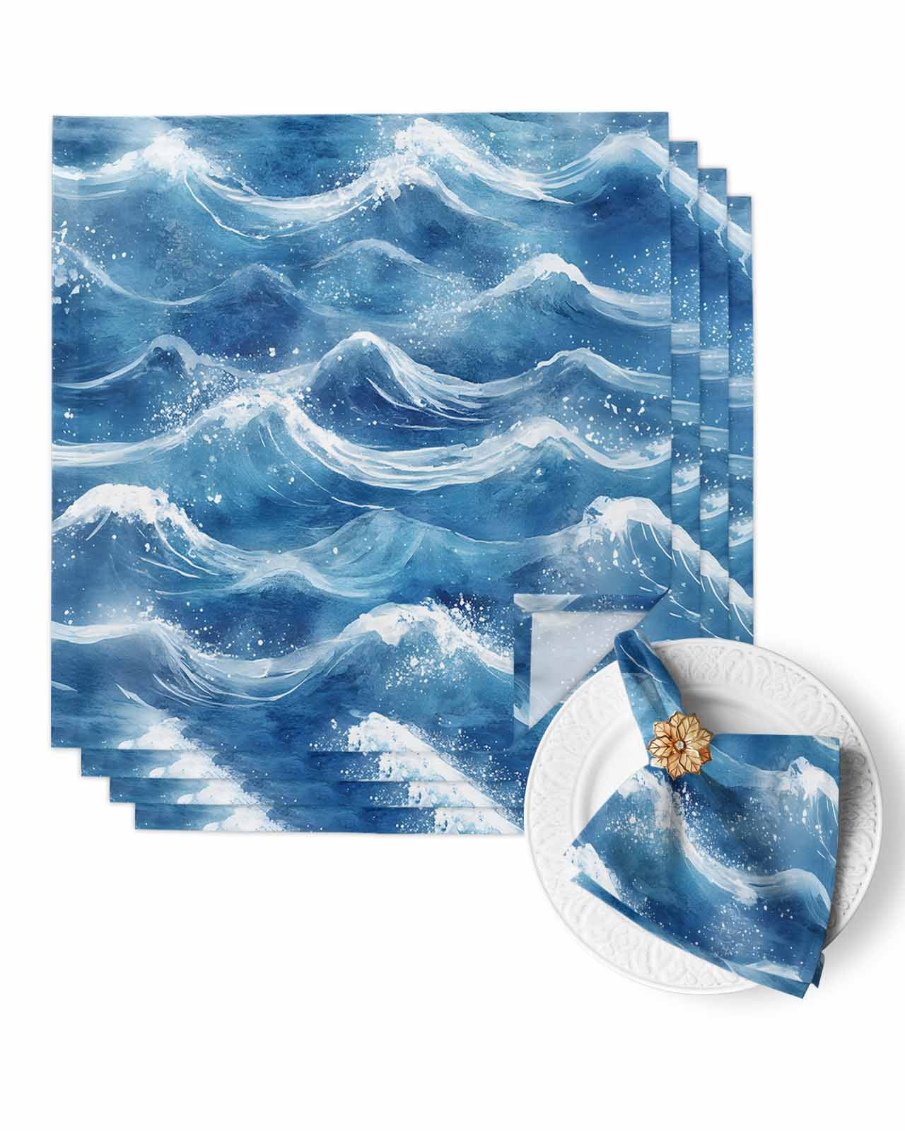 Cloth Napkins Watercolor Blue Ocean Sea Waves Washable Soft Kitchen ...